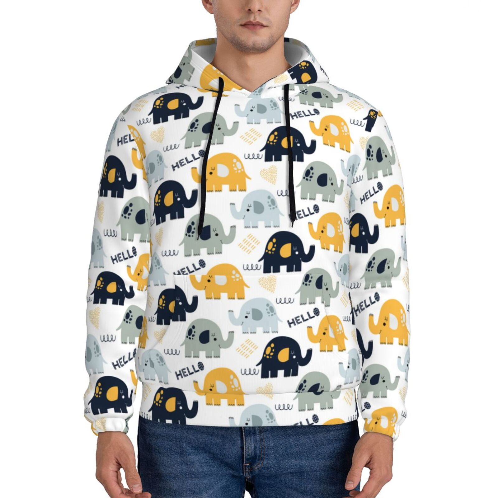 Balery Cute Elephant Pattern Mens Hoodie Kangaroo Pocket Hoodie ...