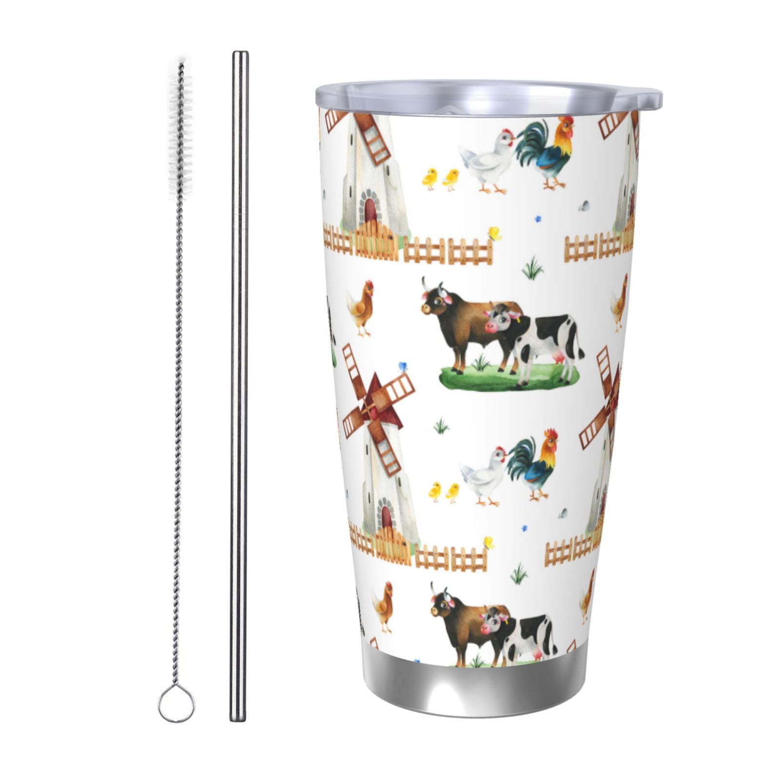 Balery Cute Farm Pattern 20oz Insulated Car Cup with Dual Drink Lids ...