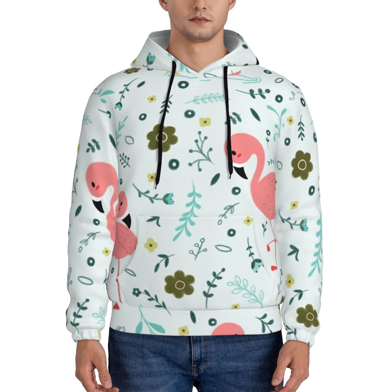 Balery Cute Flamingo Pattern Mens Hoodie Kangaroo Pocket Hoodie ...