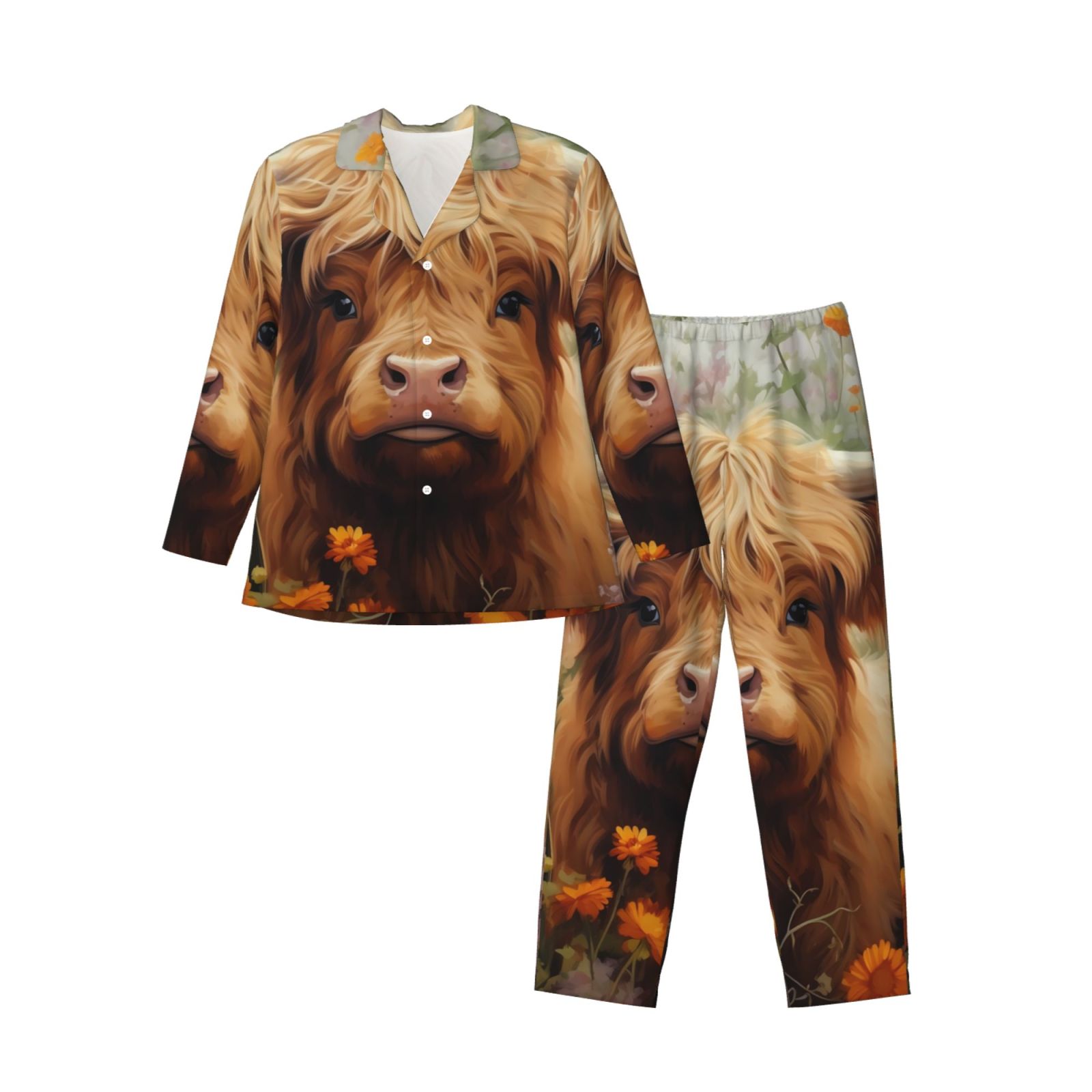 Balery Cute Floral Cow Pattern Pajama Sets for Men Long Sleeve 2 Piece ...