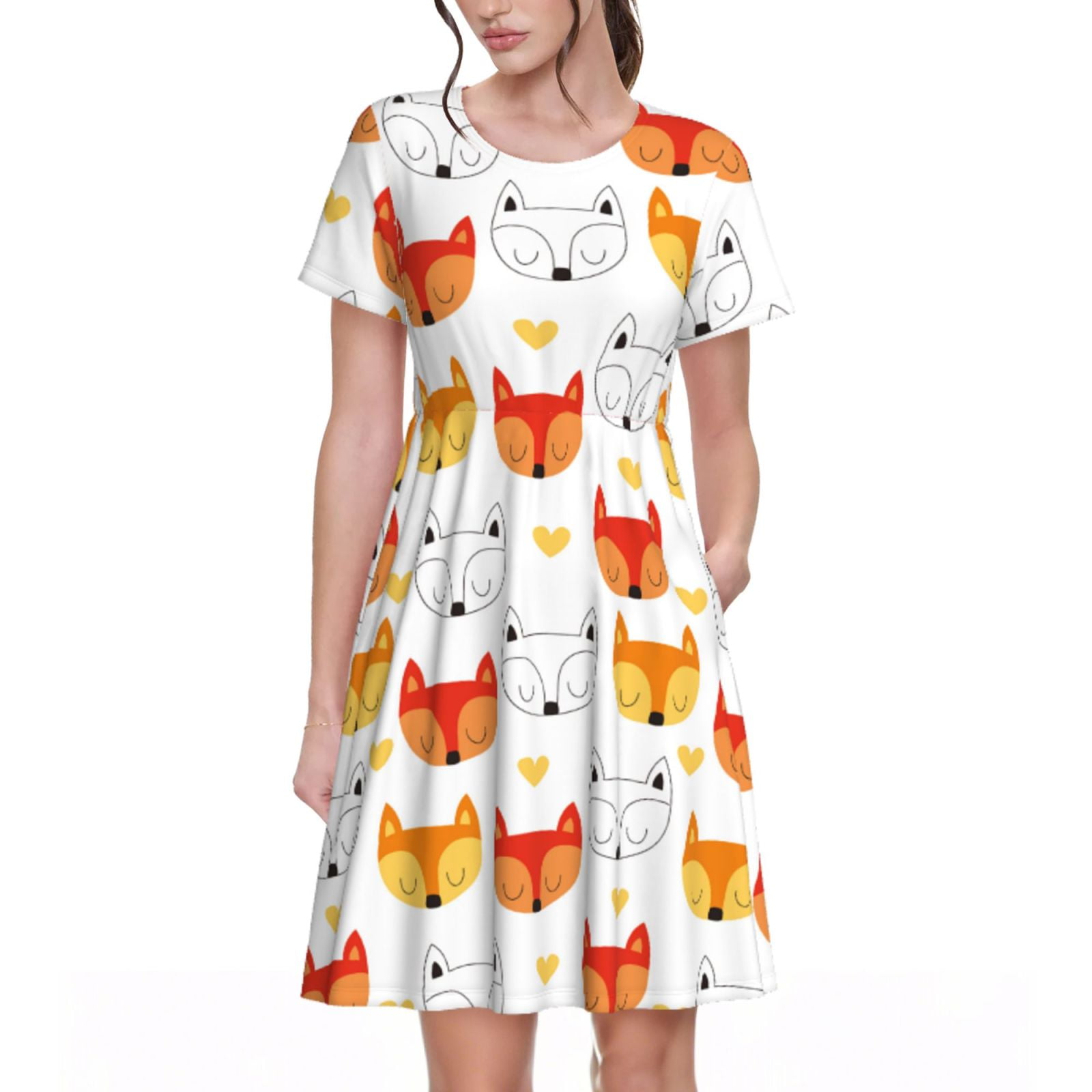 Balery Cute Fox with Heart Pattern Womens Dresses Loose Short sleeve ...
