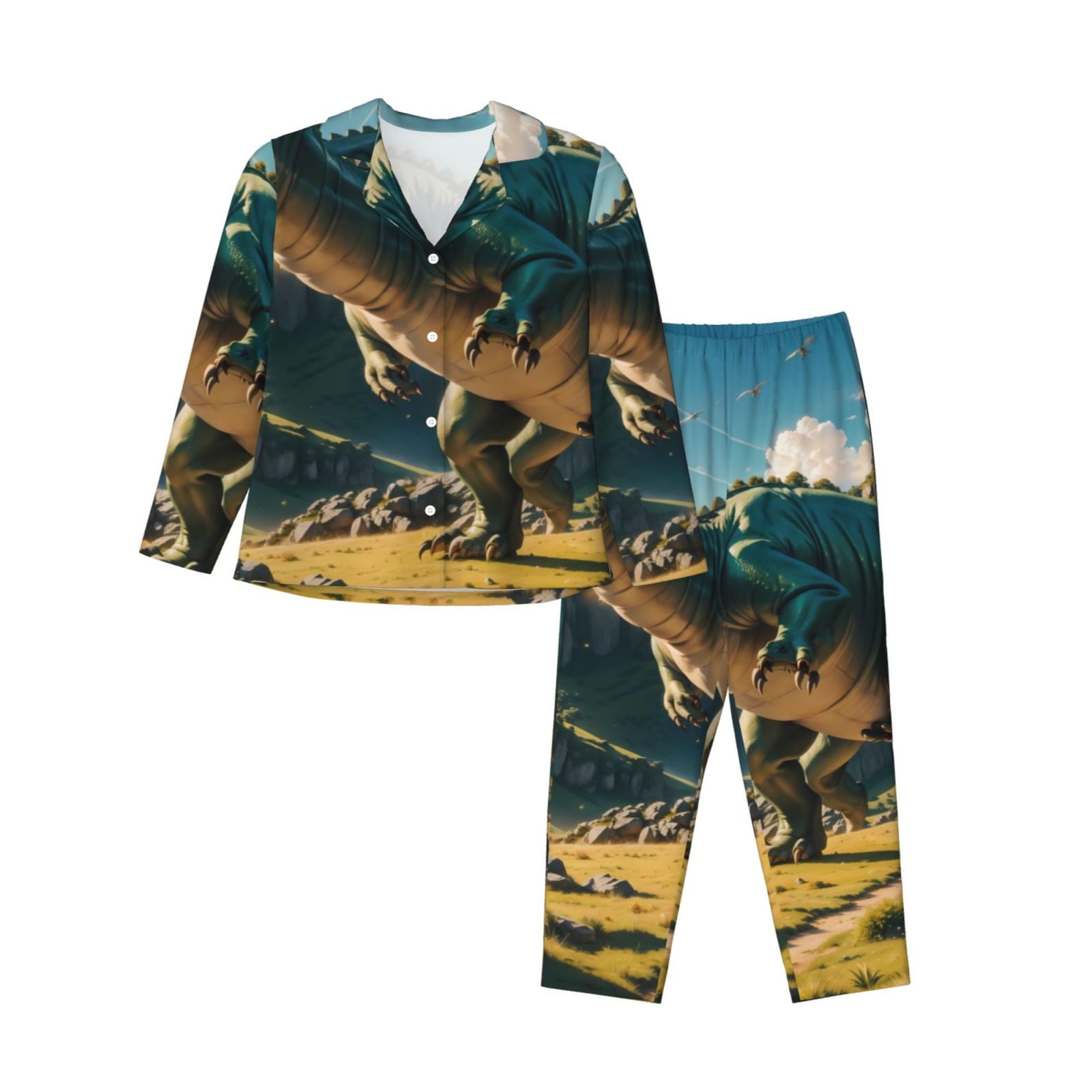 Balery Cute Green Dinosaur Blue Sky Pattern Pajama Sets for Women Long ...