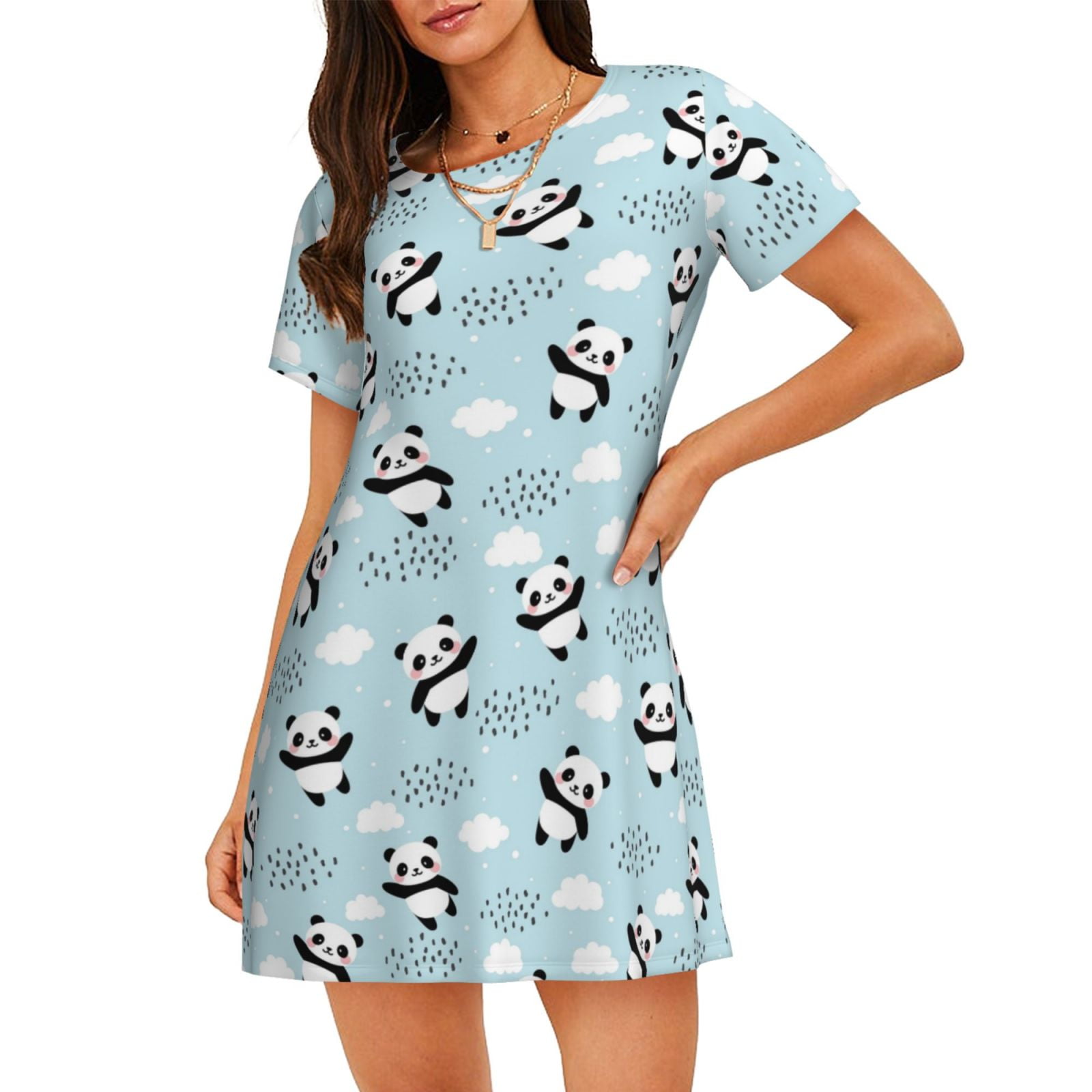 Balery Cute Panda Bear Pattern Womens Short Sleeve Sleepshirt Scoopneck ...