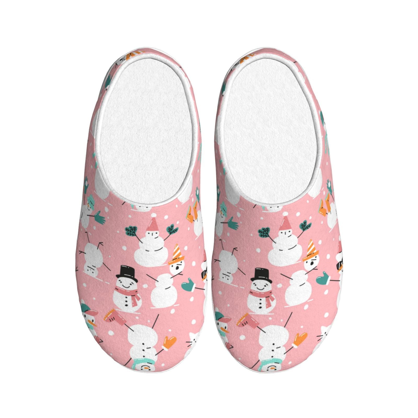 Balery Cute Pink Snowman Cat Pattern Women's Fuzzy Memory Foam Slippers ...