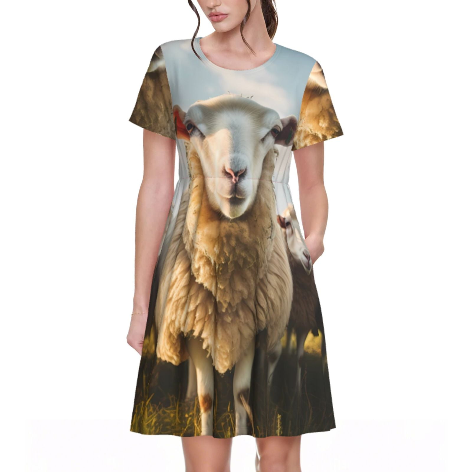 Balery Cute Prairie Sheep Herd Pattern Womens Dresses Loose Short ...