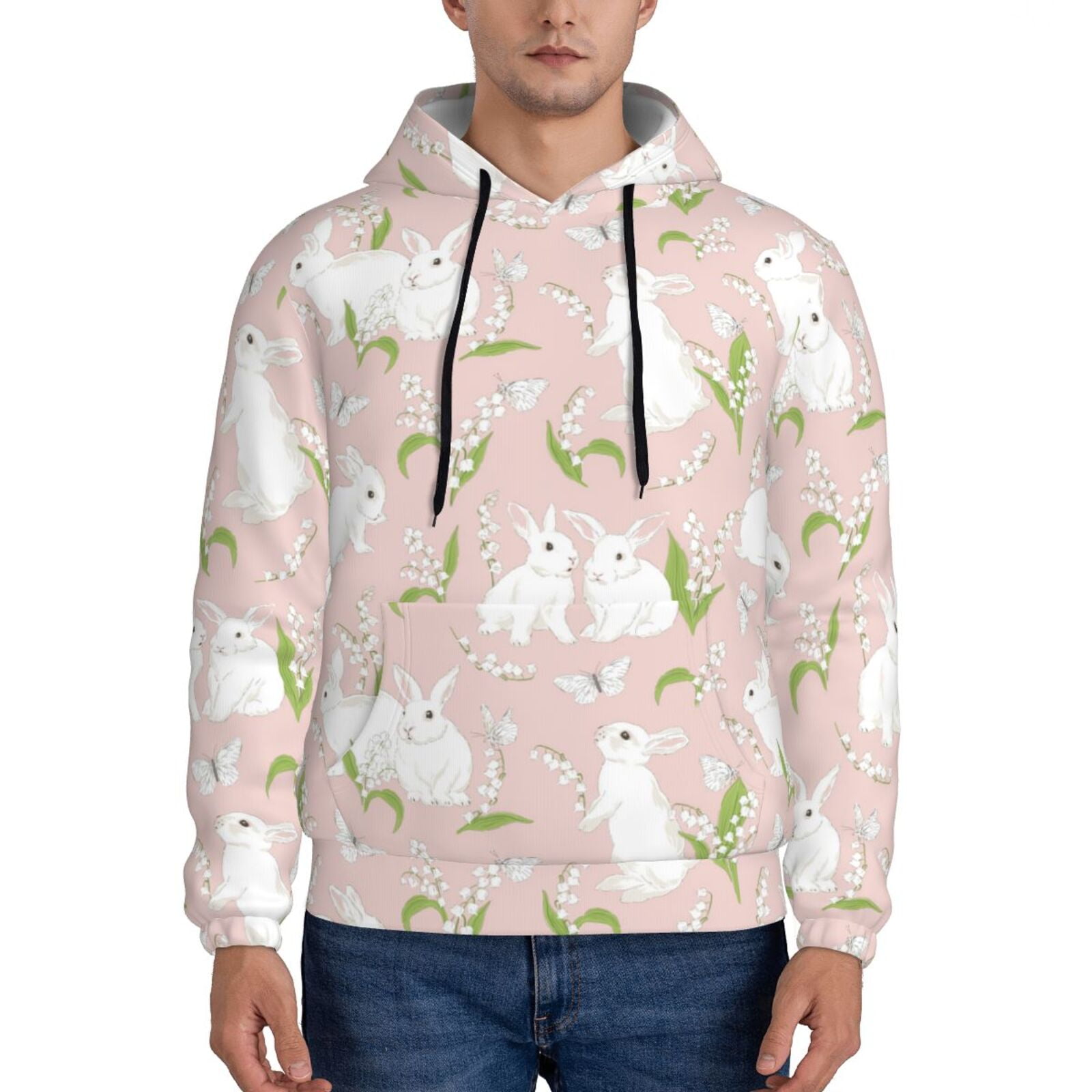 Balery Cute Rabbit Pattern Mens Hoodie Kangaroo Pocket Hoodie Pullover ...