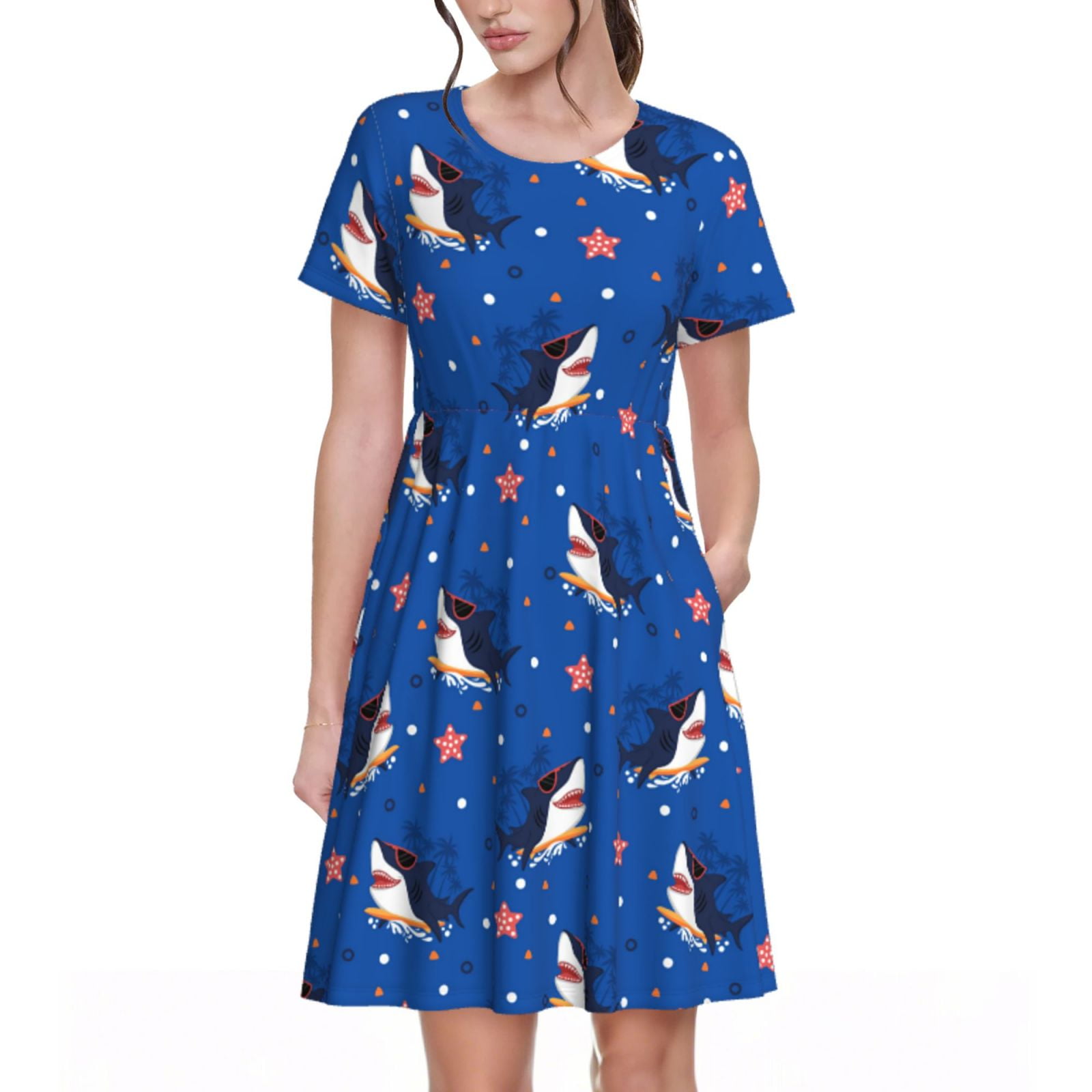 Balery Cute Shark Cartoon Pattern Womens Dresses Loose Short sleeve ...