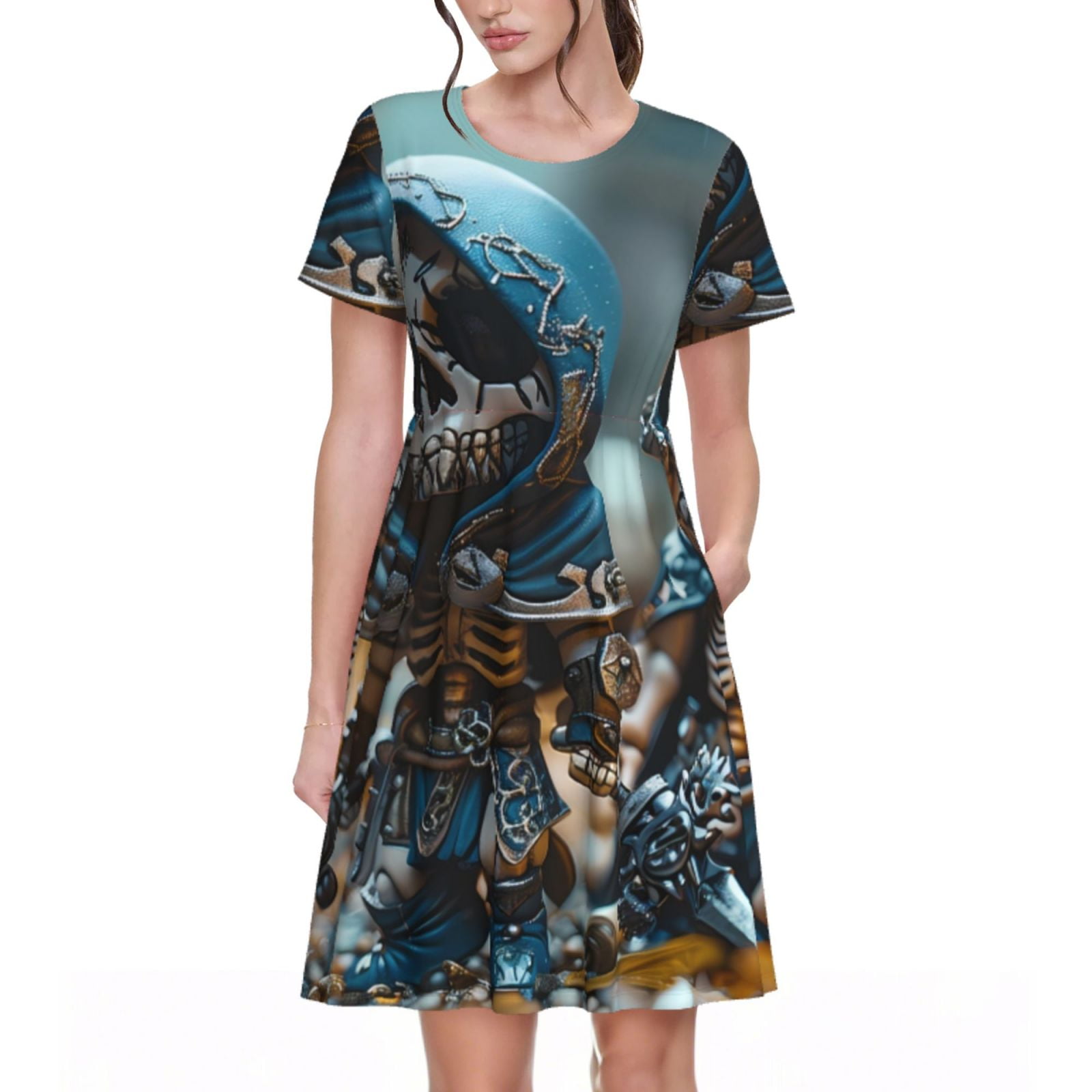 Balery Cute Skeletons Figurines Pattern Womens Dresses Loose Short sleeve Sundresses Swimsuit ...