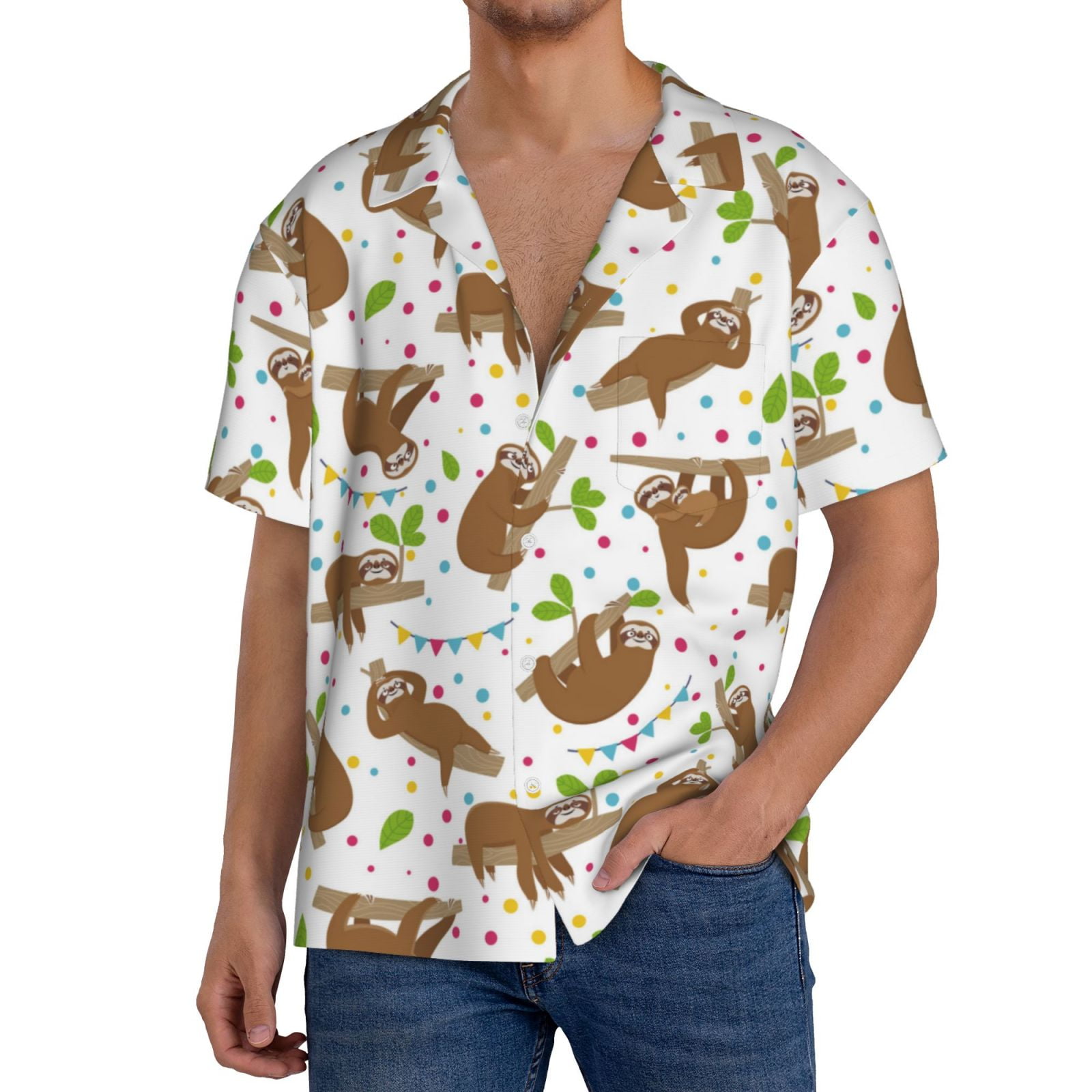 Balery Cute Sloth Men's Casual Button Down Shirt Short Sleeve Textured ...