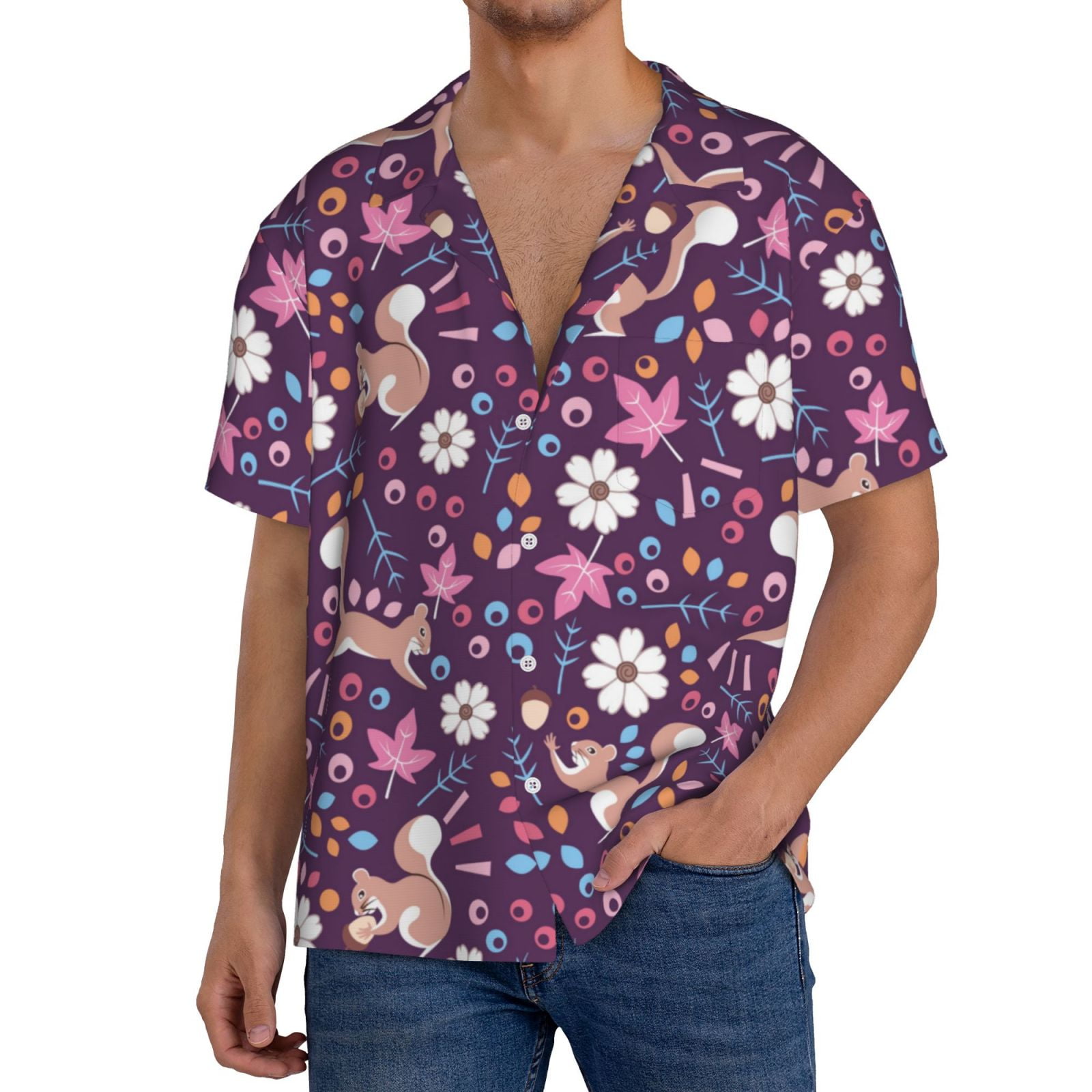Balery Cute Squirrel Floral Men's Casual Button Down Shirt Short Sleeve ...