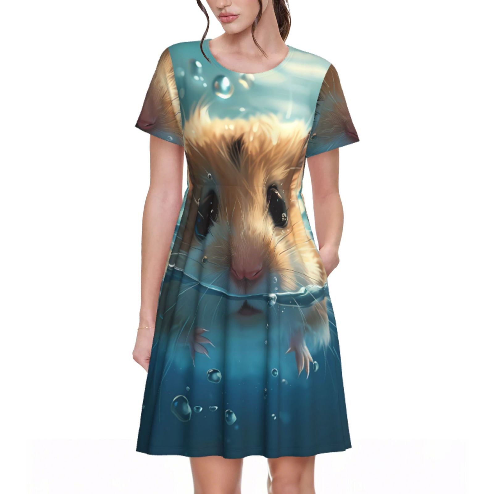 Balery Cute Swimming Guinea Pig Pattern Womens Dresses Loose Short ...