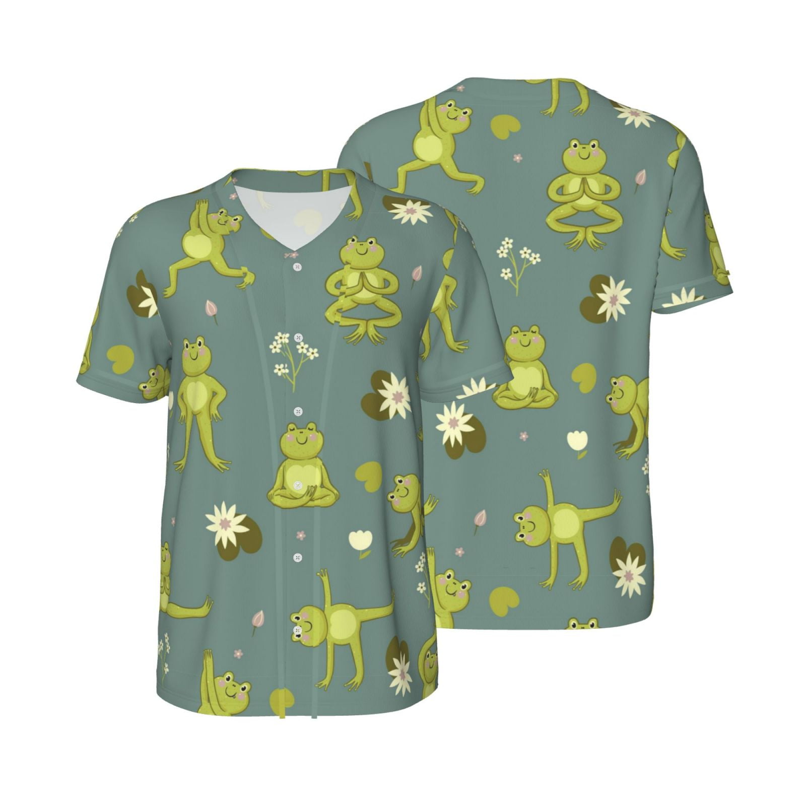 Balery Cute Yoga Frogs Baseball Jersey for Men Casual Button Down ...