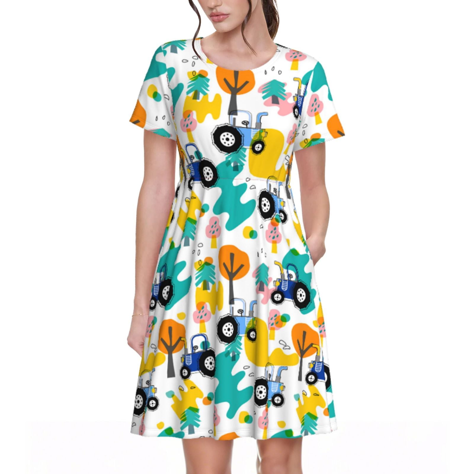 Balery Cute tractor and vehicle Pattern Womens Dresses Loose Short ...