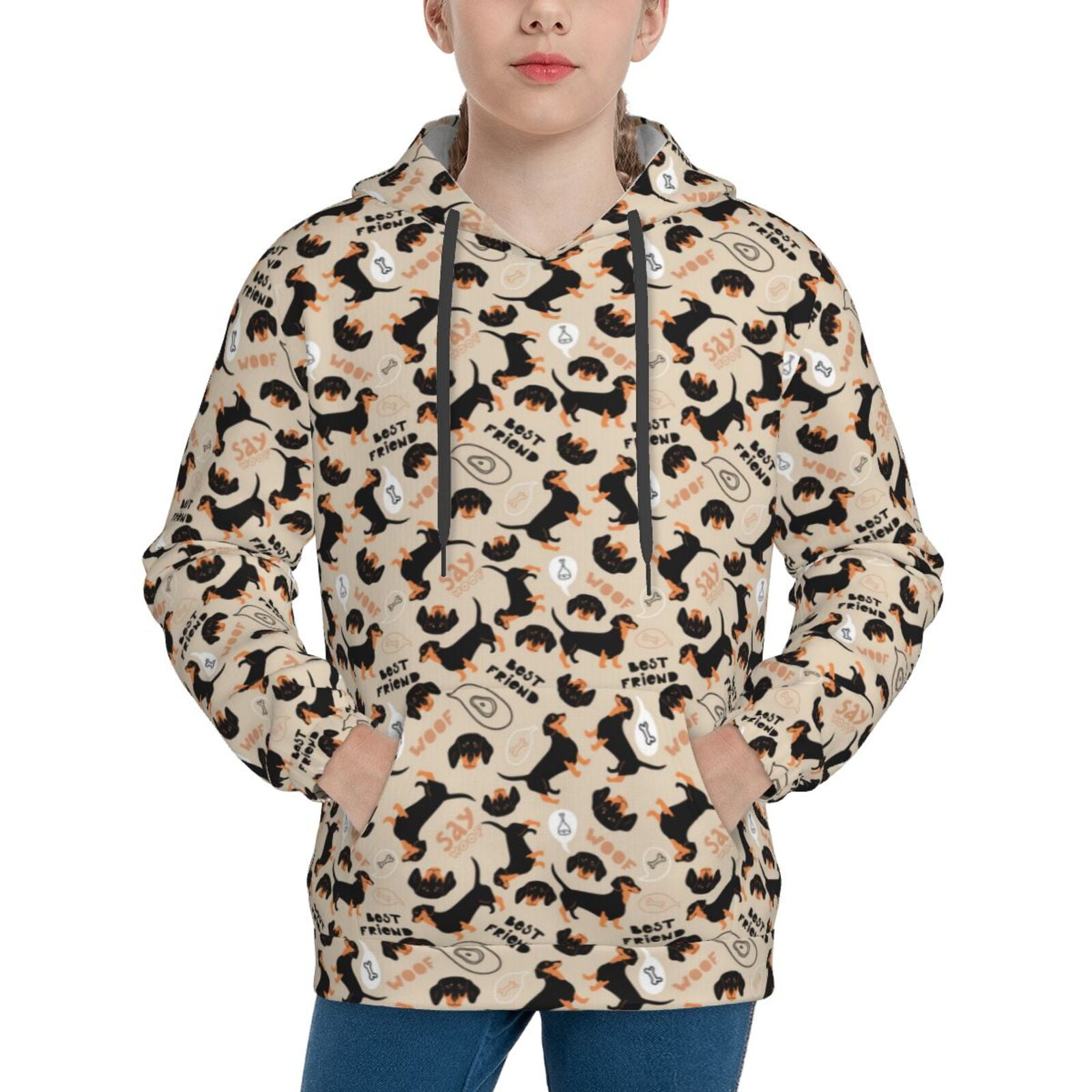 Balery Dachshund Dog Puppy Pattern Boys Hoodie, Youth Pullover Hooded Sweatshirt, Kangaroo ...