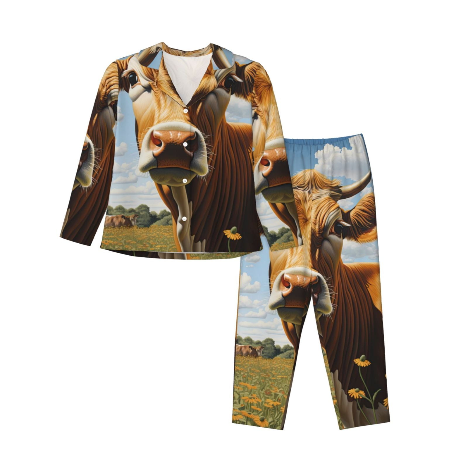 Balery Daisy Flower Field Cow Pattern Pajama Sets for Women Long Sleeve ...