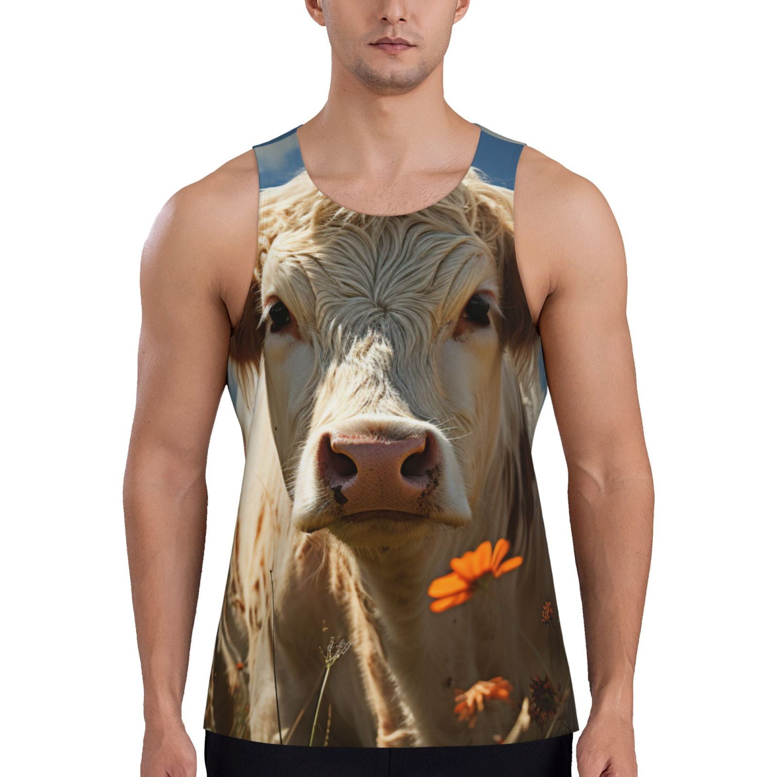 Balery Daisy Meadow Cow Pattern Men's Workout Tank Top Gym Muscle Tee ...
