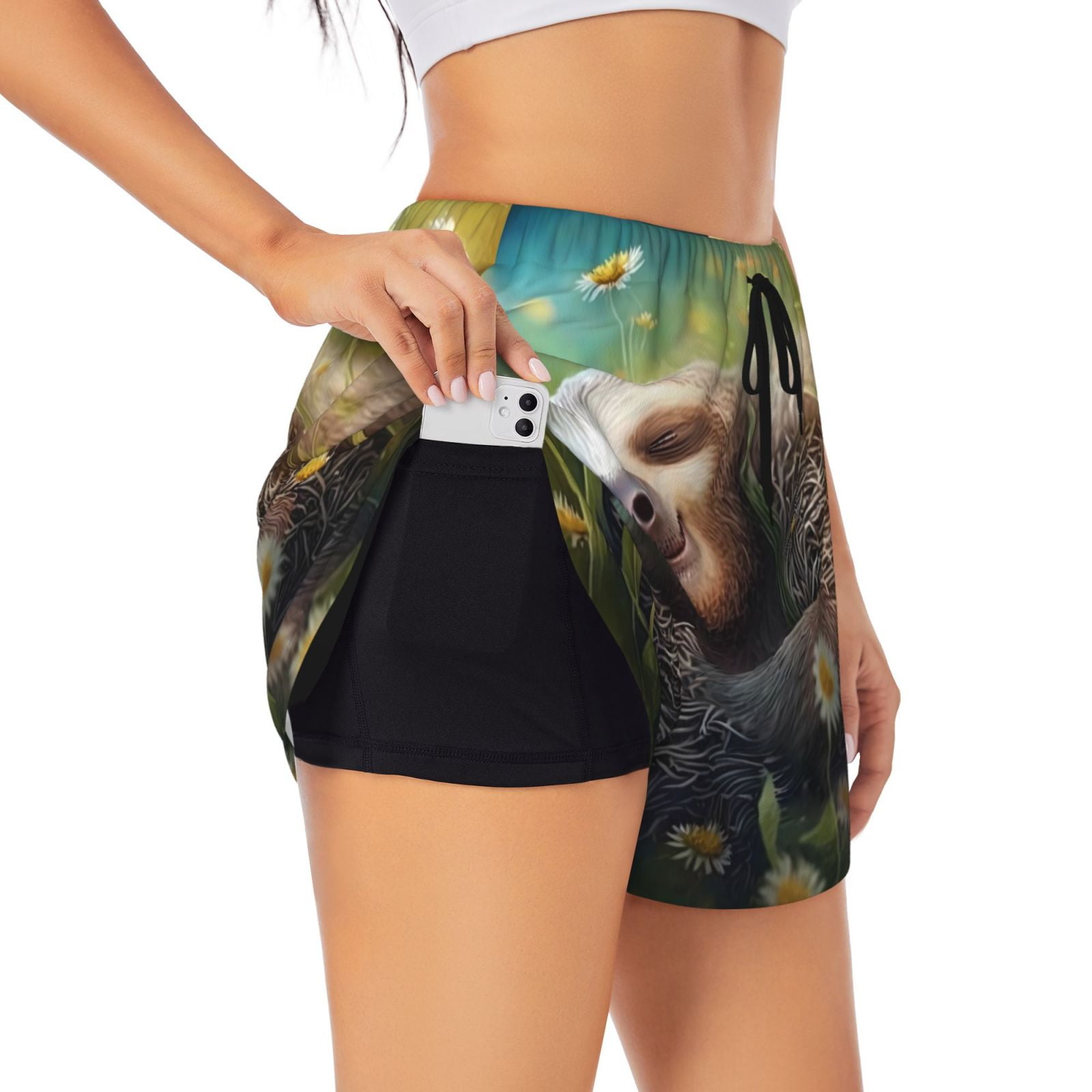 Balery Daisy Sleeping Sloth Pattern Women's Running Shorts with Liner 2 ...