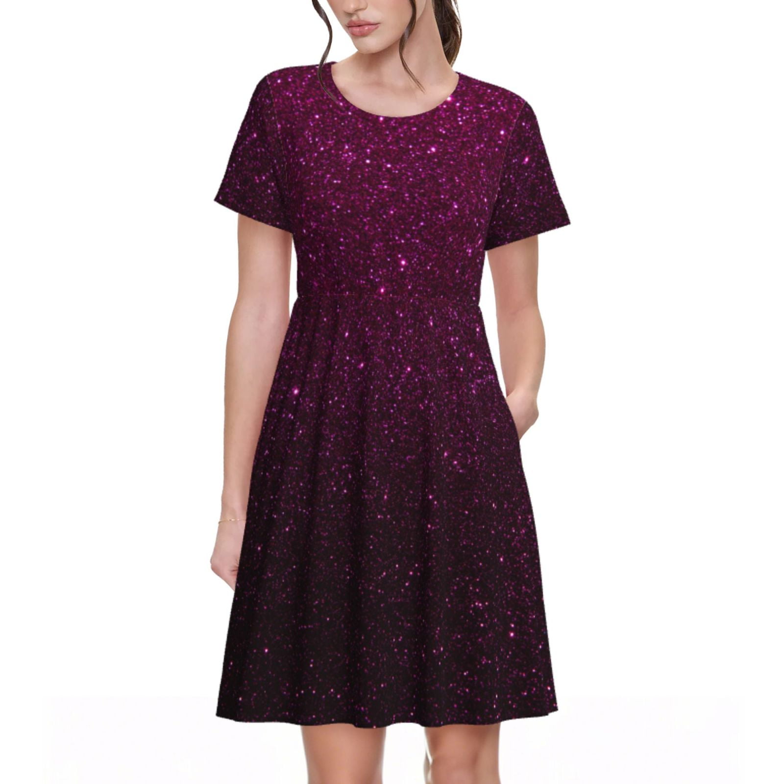 Balery Dark Purple Glitter Pattern Womens Dresses Loose Short sleeve ...