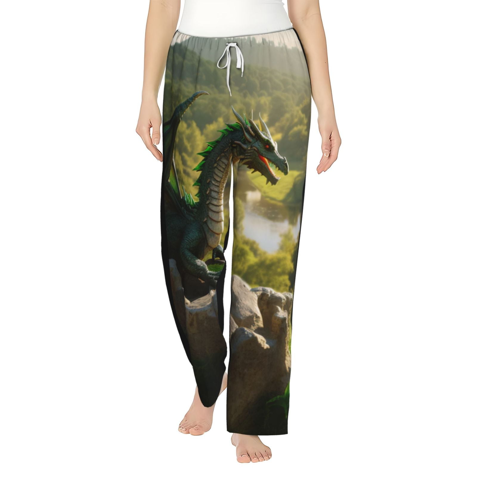 Balery Deep Forest Stone Green Dragon print Women's Pajama Pants,Ultra ...