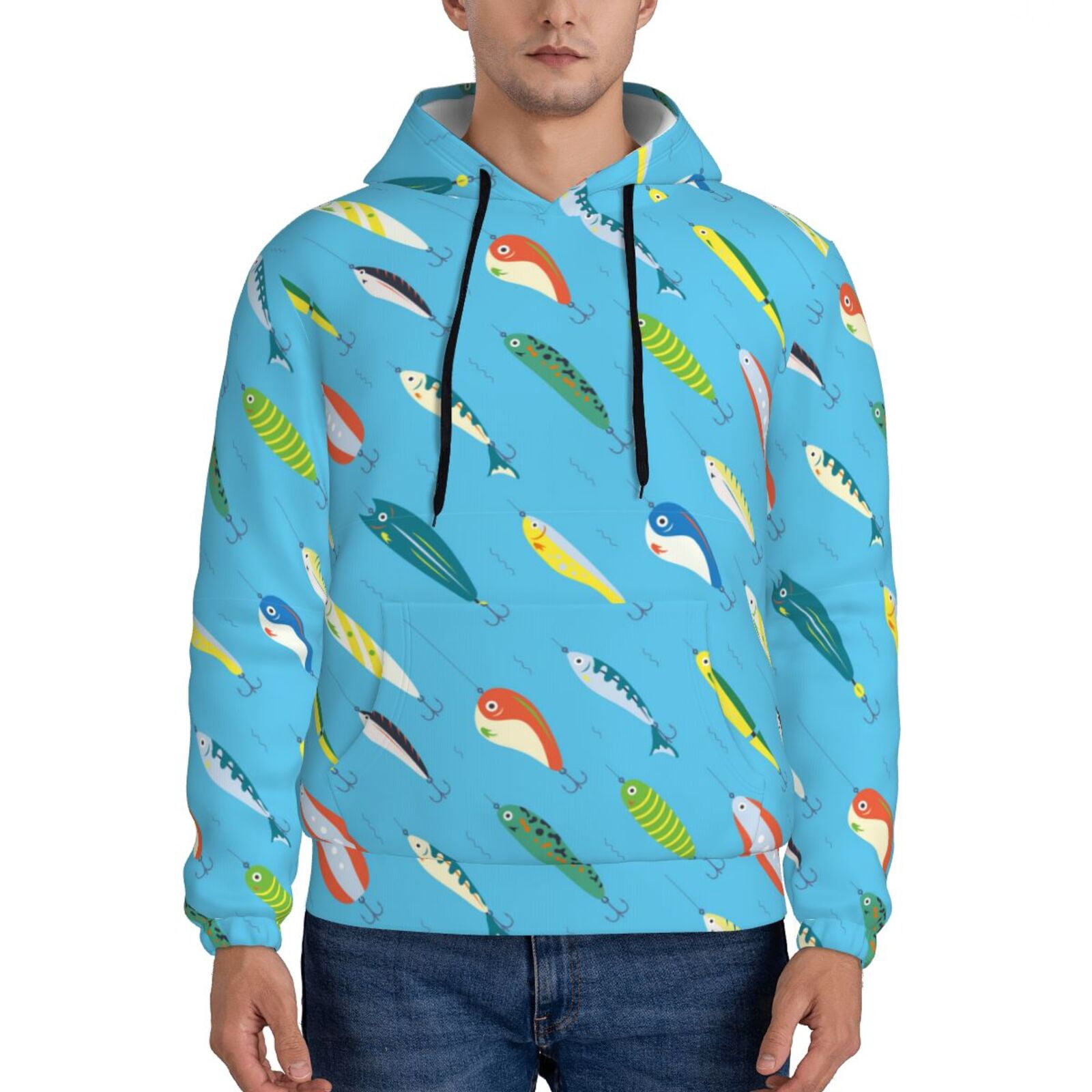 Balery Different Color Fishing Bait Pattern Mens Hoodie Kangaroo Pocket ...