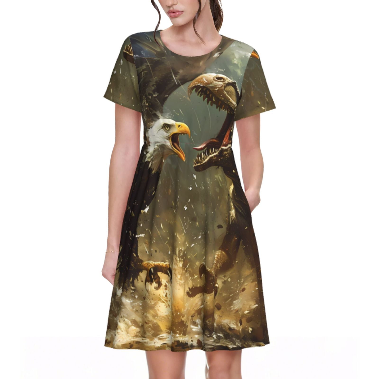 Balery Dinosaur Bald Eagle Pattern Womens Dresses Loose Short sleeve ...