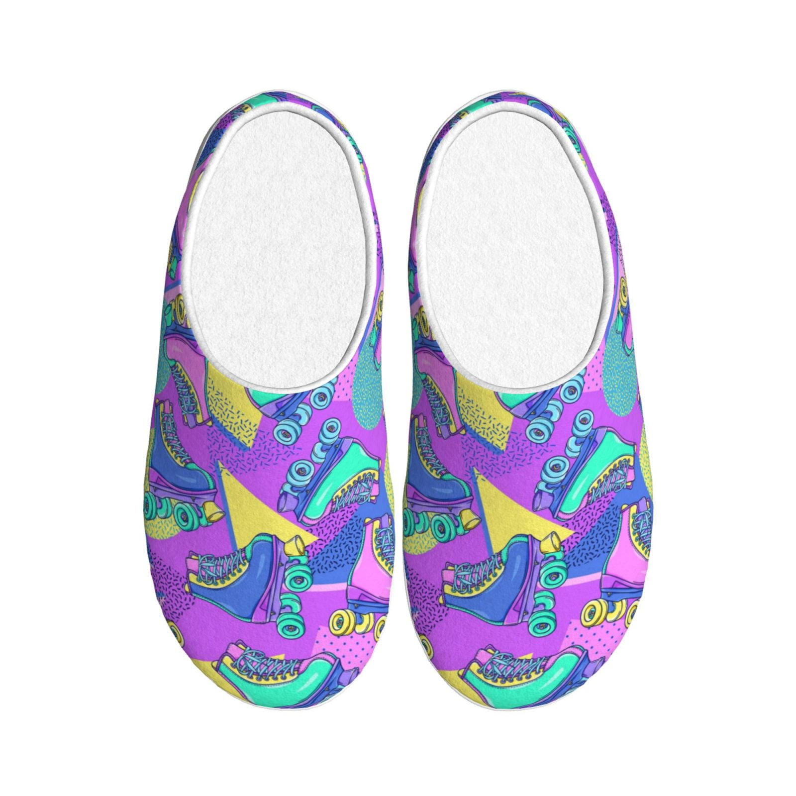 Balery Disco Roller Skates Pattern Women's Fuzzy Memory Foam Slippers ...