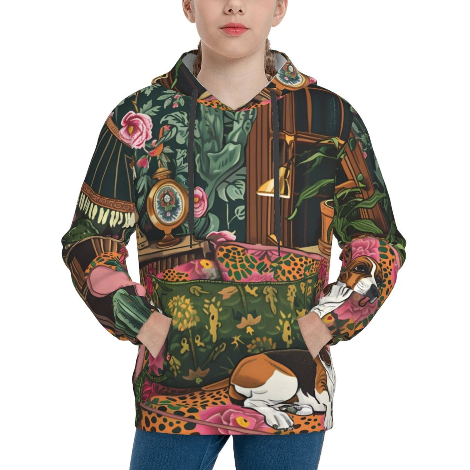 Balery Dog On Floral Couch Pattern Boys Hoodie, Youth Pullover Hooded ...