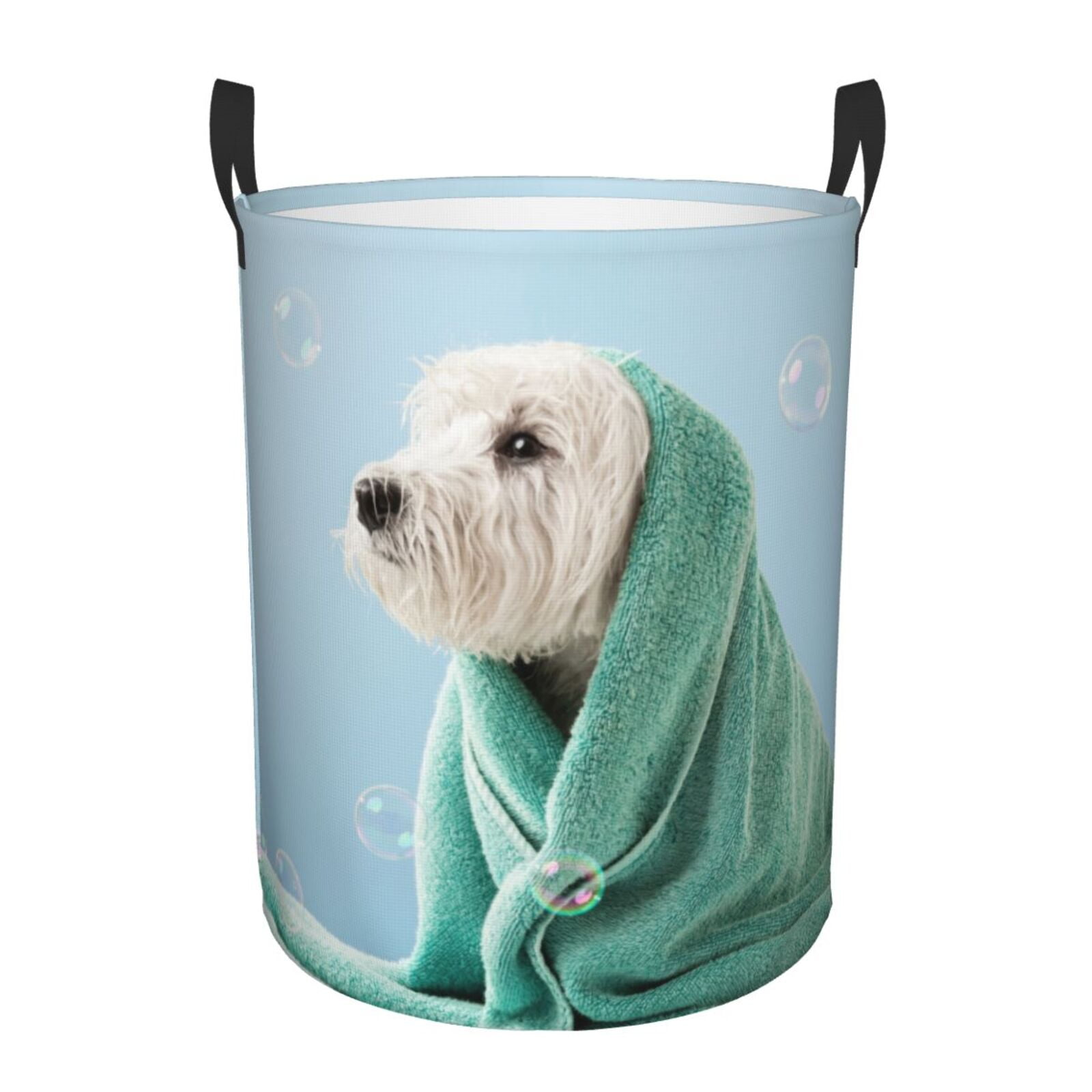 Balery Dog Wrapped in Towel Round Laundry Basket with Handles ...
