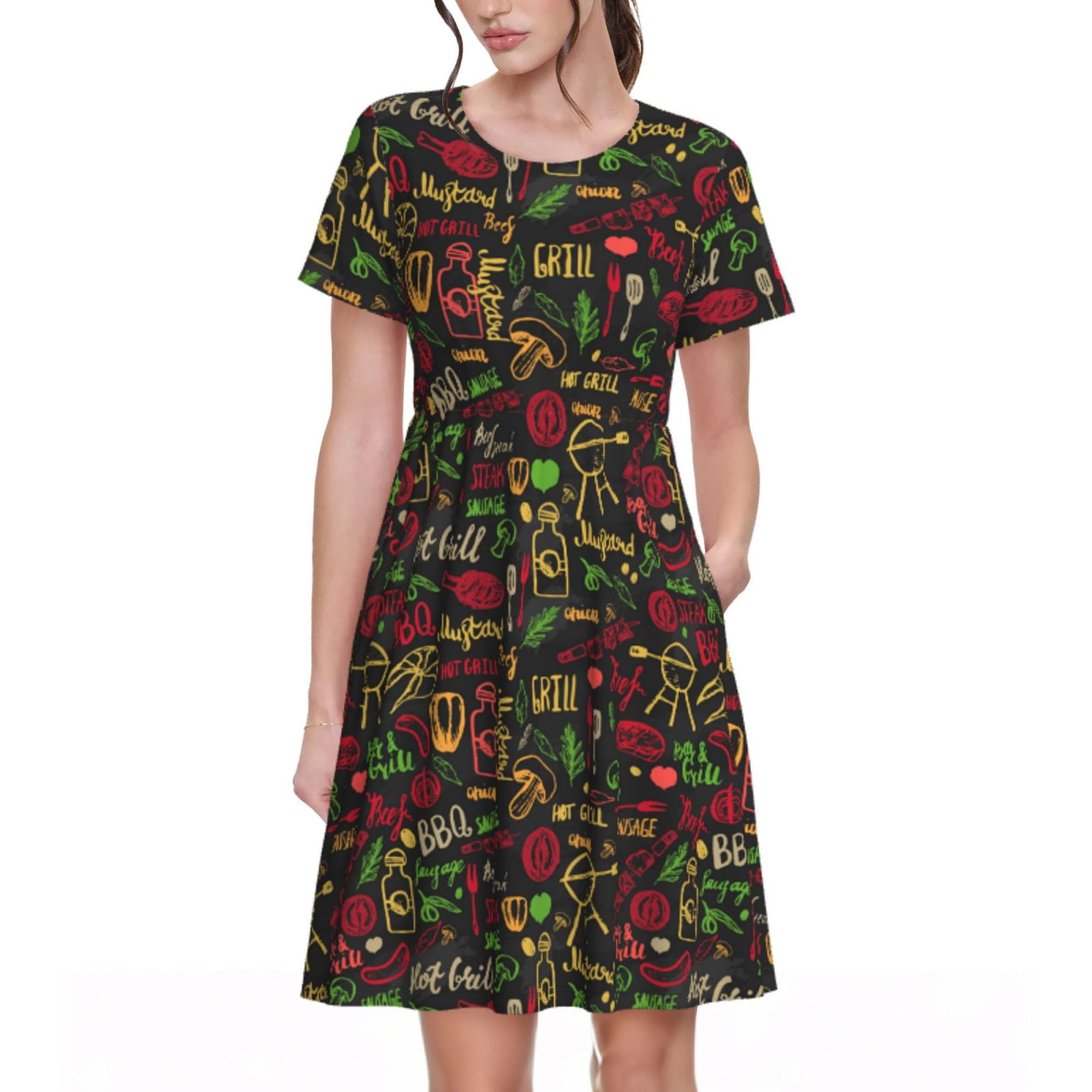 Balery Doodle Barbeque 1 Pattern Womens Dresses Loose Short sleeve ...