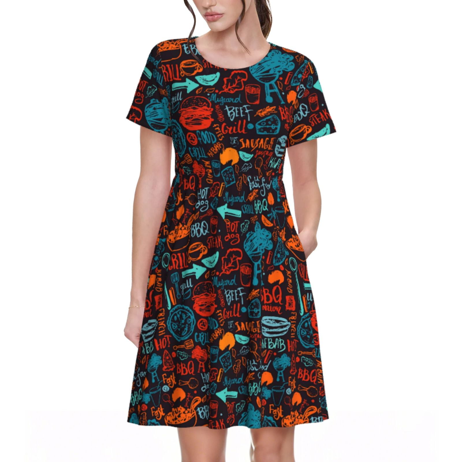 Balery Doodle Barbeque Pattern Womens Dresses Loose Short sleeve ...