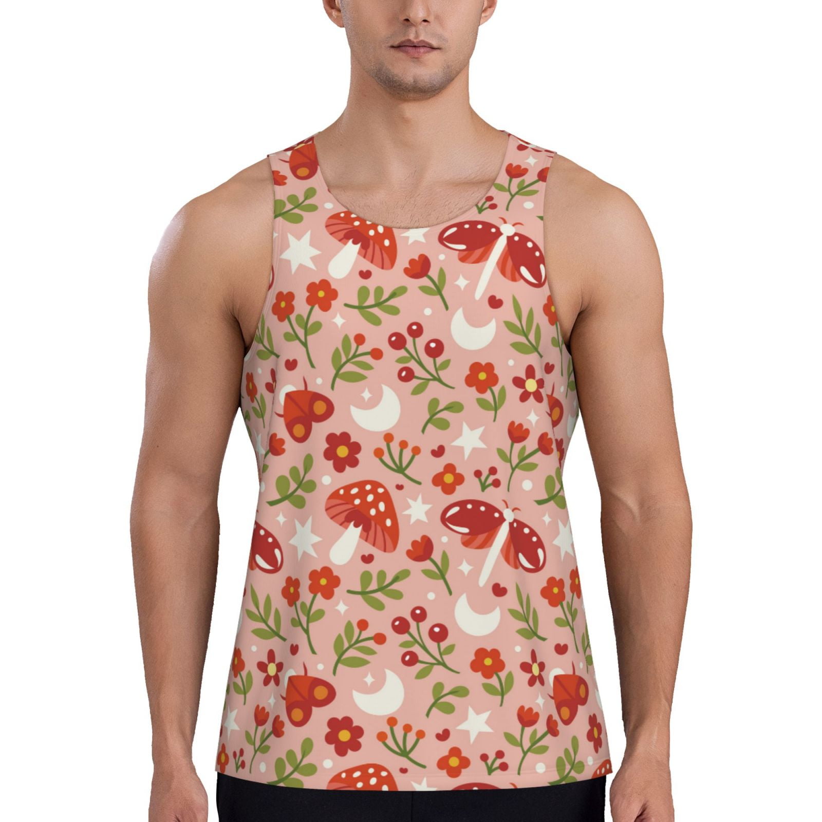 Balery Dragonfly Mushroom Pattern Men's Workout Tank Top Gym Muscle Tee ...