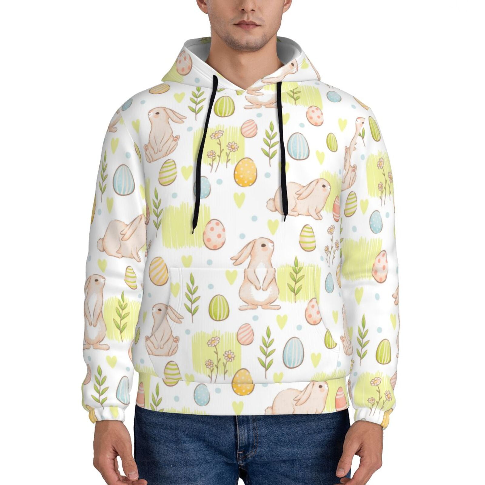 Balery Easter Rabbit Pattern Mens Hoodie Kangaroo Pocket Hoodie ...