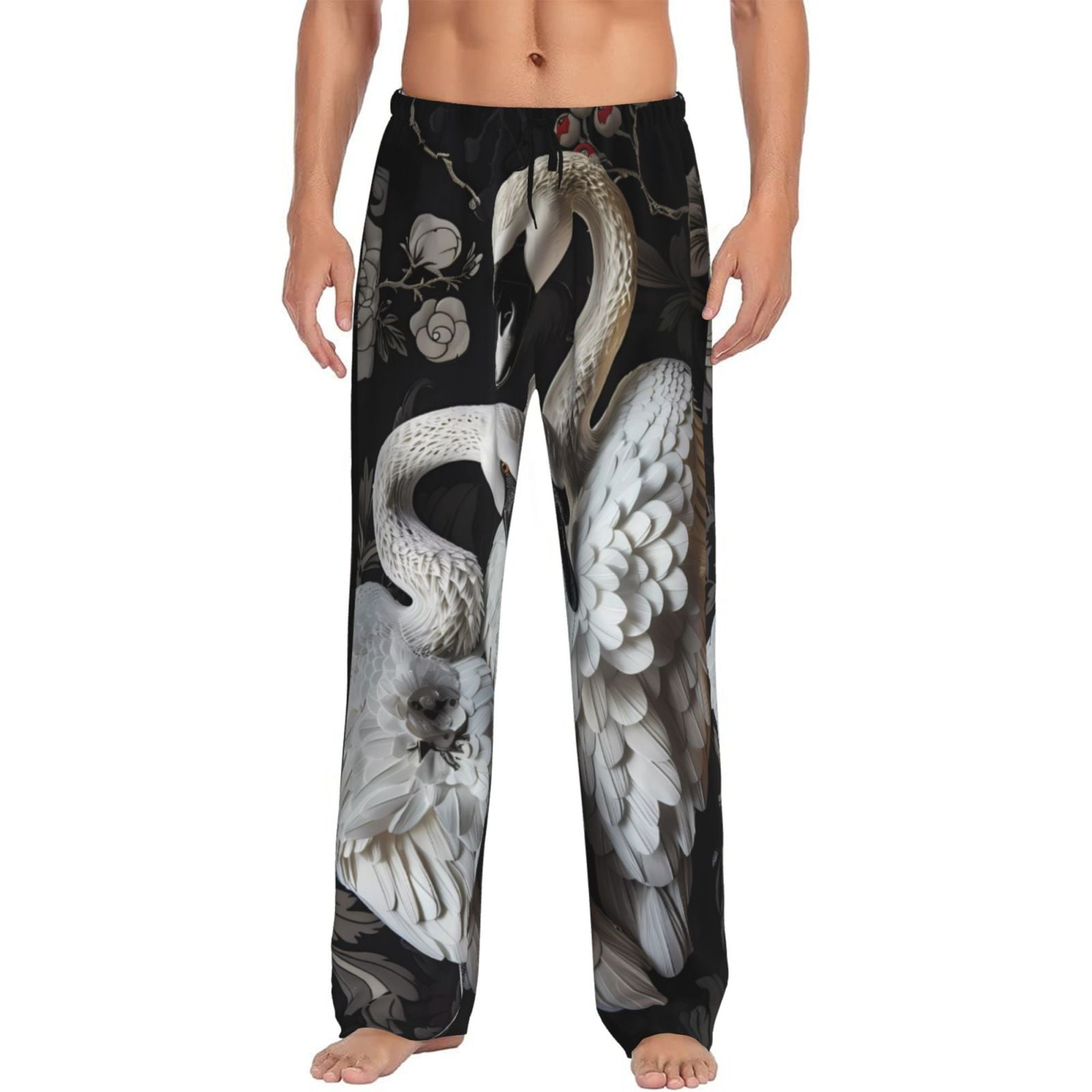 Balery Elegant Swans Black Background print Men's Pajama Pants,Ultra ...