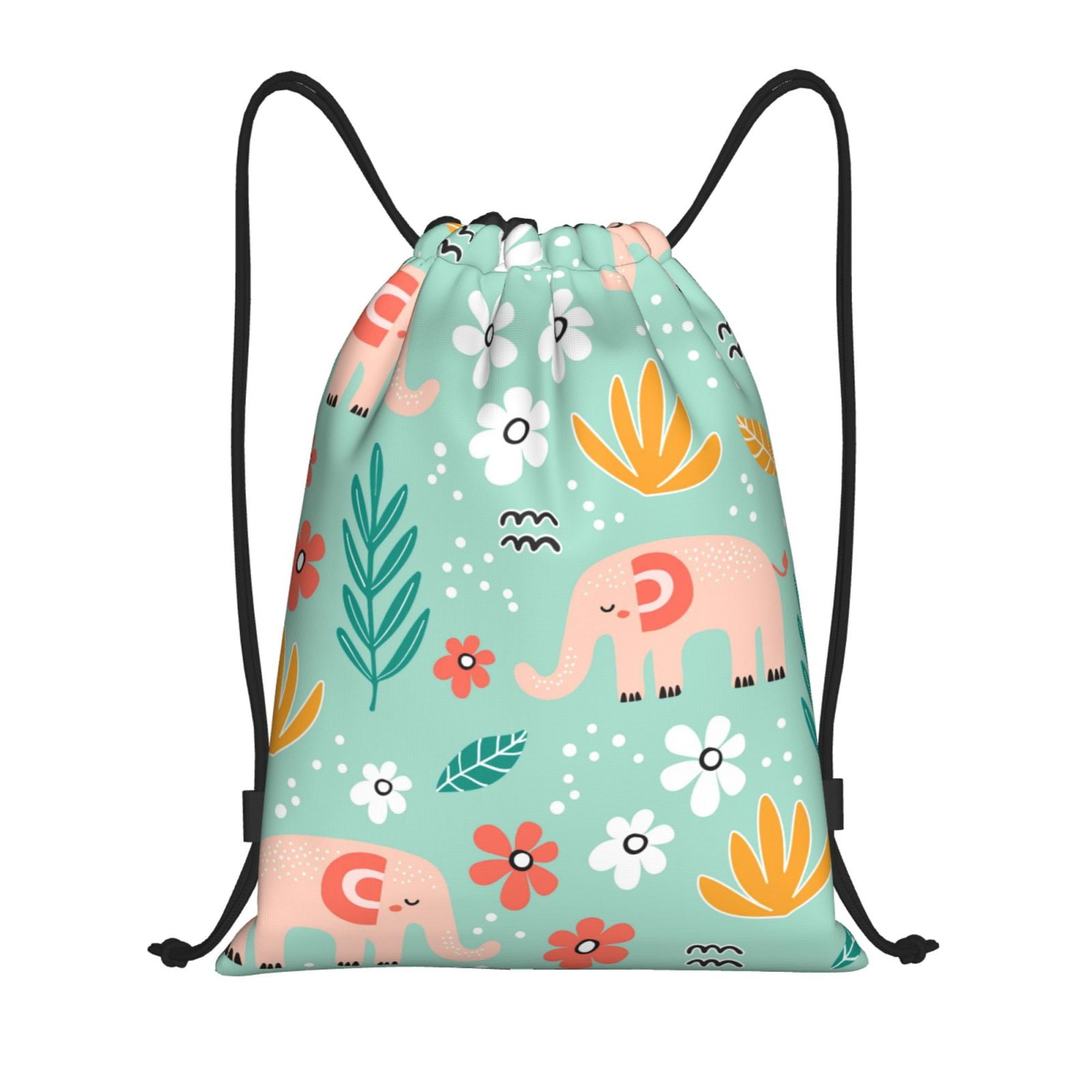 Balery Elephant and Flowers Pattern Drawstring Backpack Bag Sport Gym ...