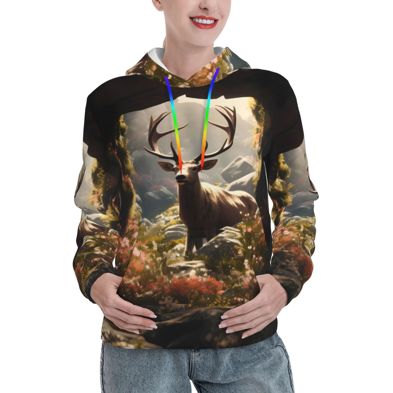 Balery Enchanted Deer In Cave Pattern Womens Long Sleeve Hoodie ...