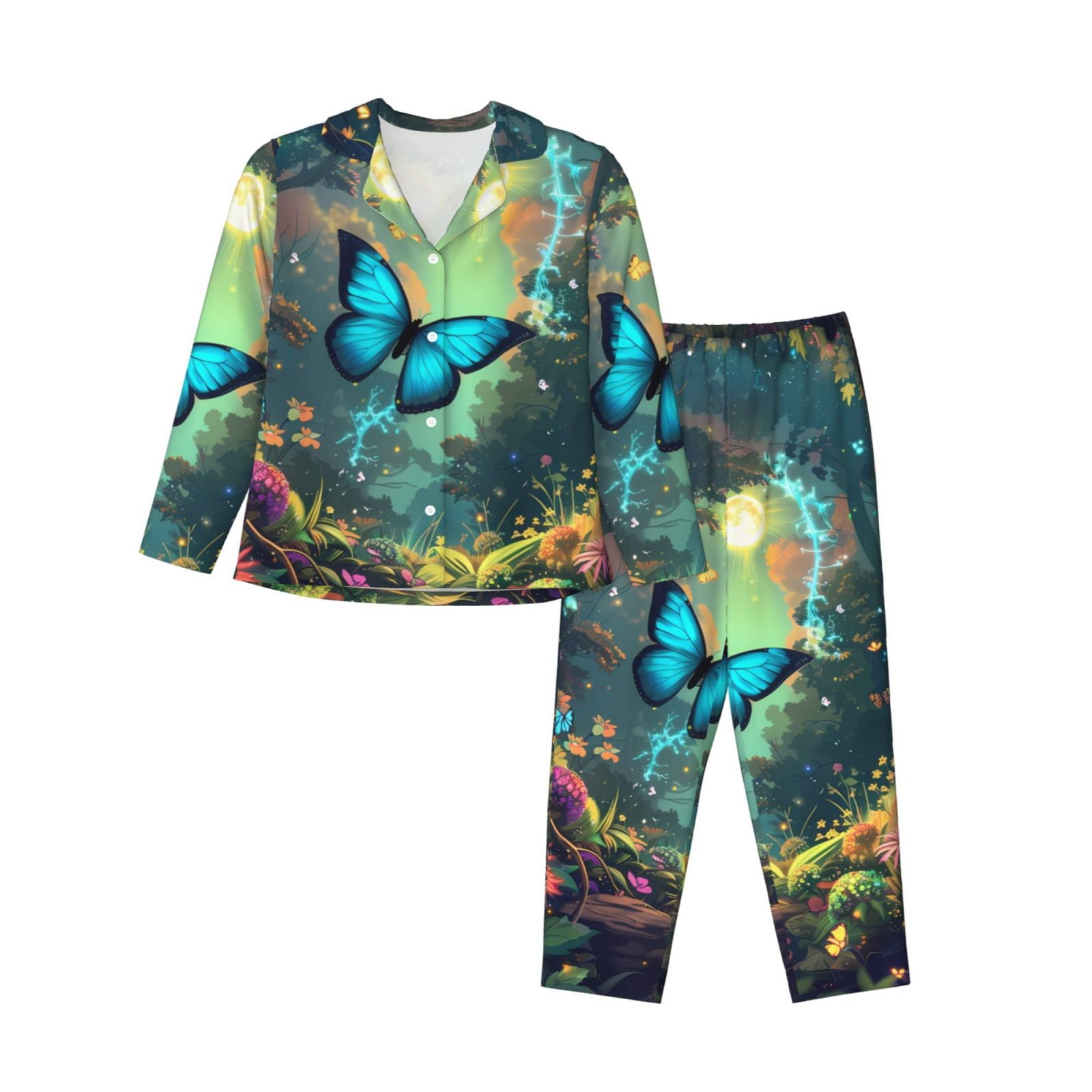 Balery Enchanted Forest Butterfly A Pattern Pajama Sets for Women Long ...