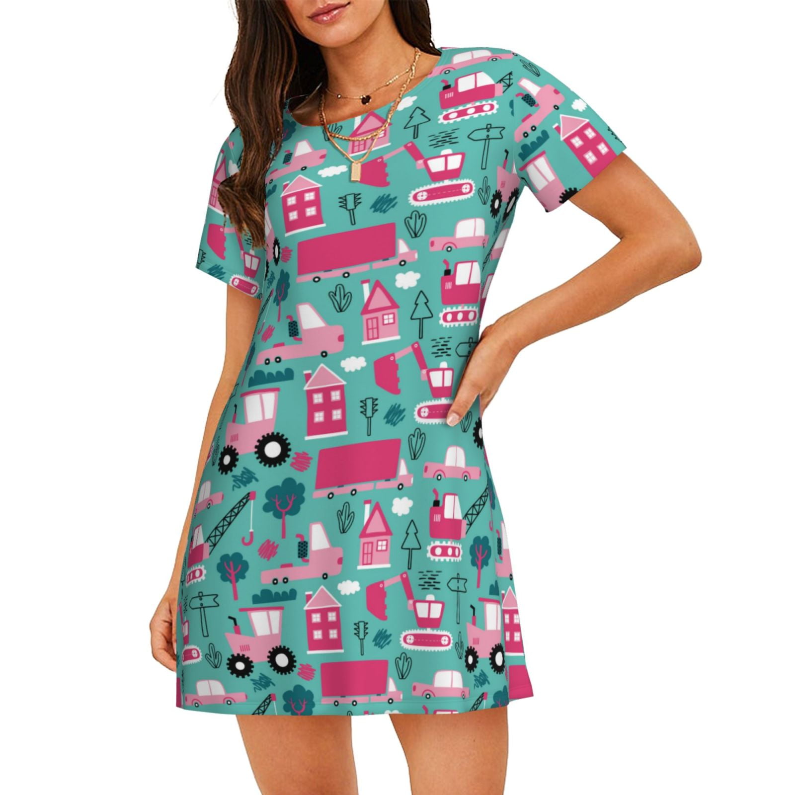 Balery Excavator Pattern Womens Short Sleeve Sleepshirt Scoopneck Cute ...