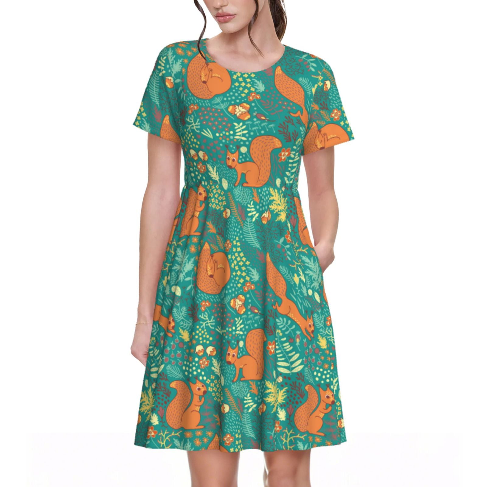 Balery Fall Forest Squirrel Pattern Womens Dresses Loose Short sleeve ...