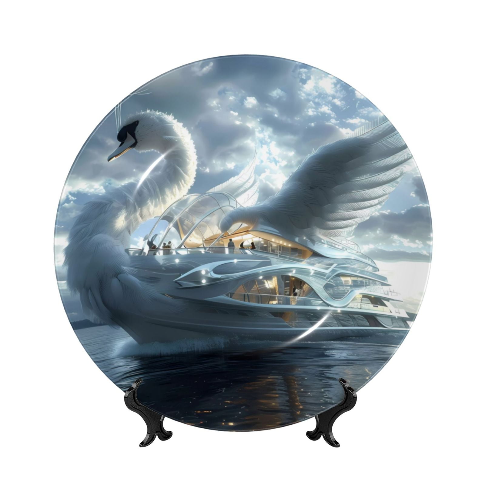 Balery Fantasy Swan Yacht Design Print Bone China Decorative Plate ...