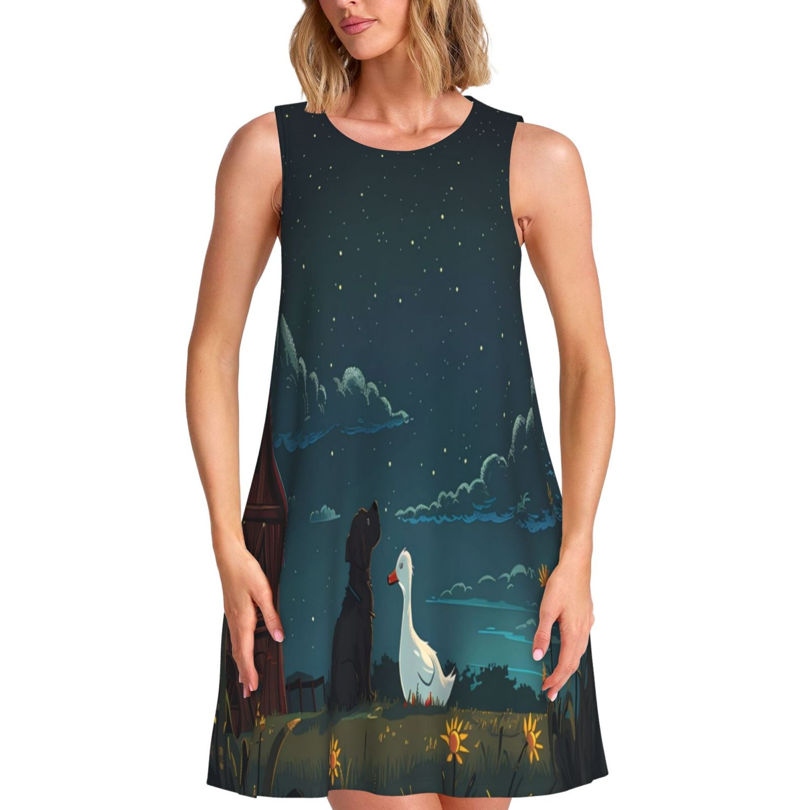 Balery Farm Dog Duck Moonlight Pattern Women’s Summer Dresses – Loose ...