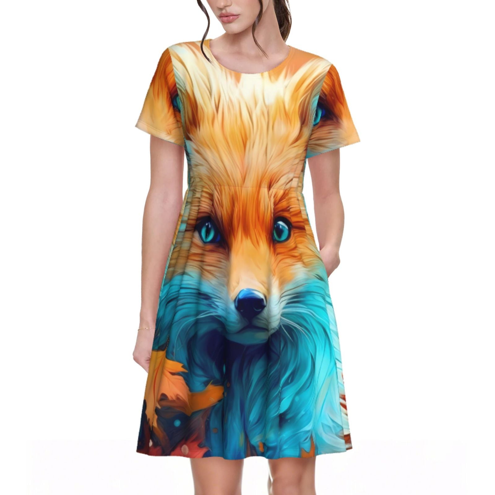 Balery Fiery Red Maple Leaf Fox Pattern Womens Dresses Loose Short ...