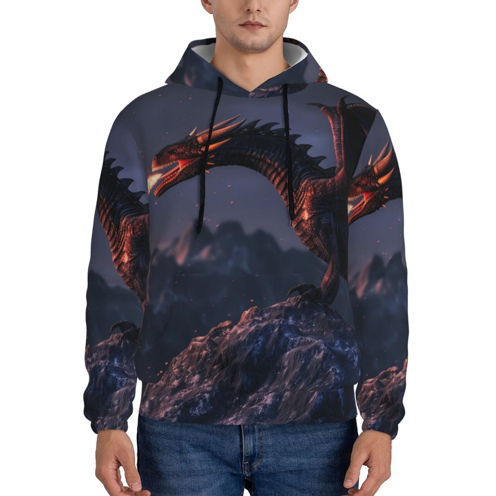 Balery Fire Breathing Dragon Twilight Pattern Mens Hoodie Kangaroo ...