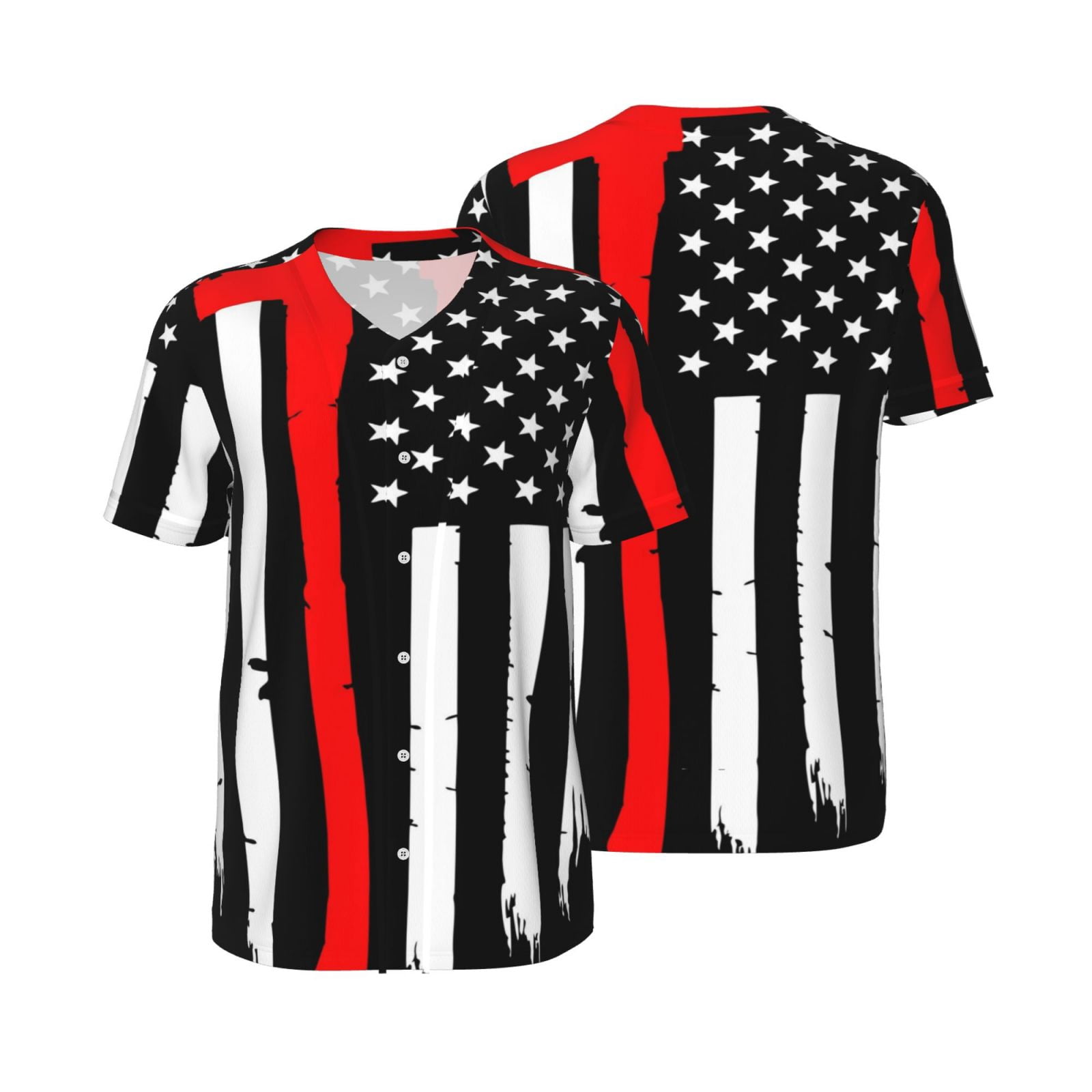 Balery Firefighters USA Flag Baseball Jersey for Men Casual Button Down ...