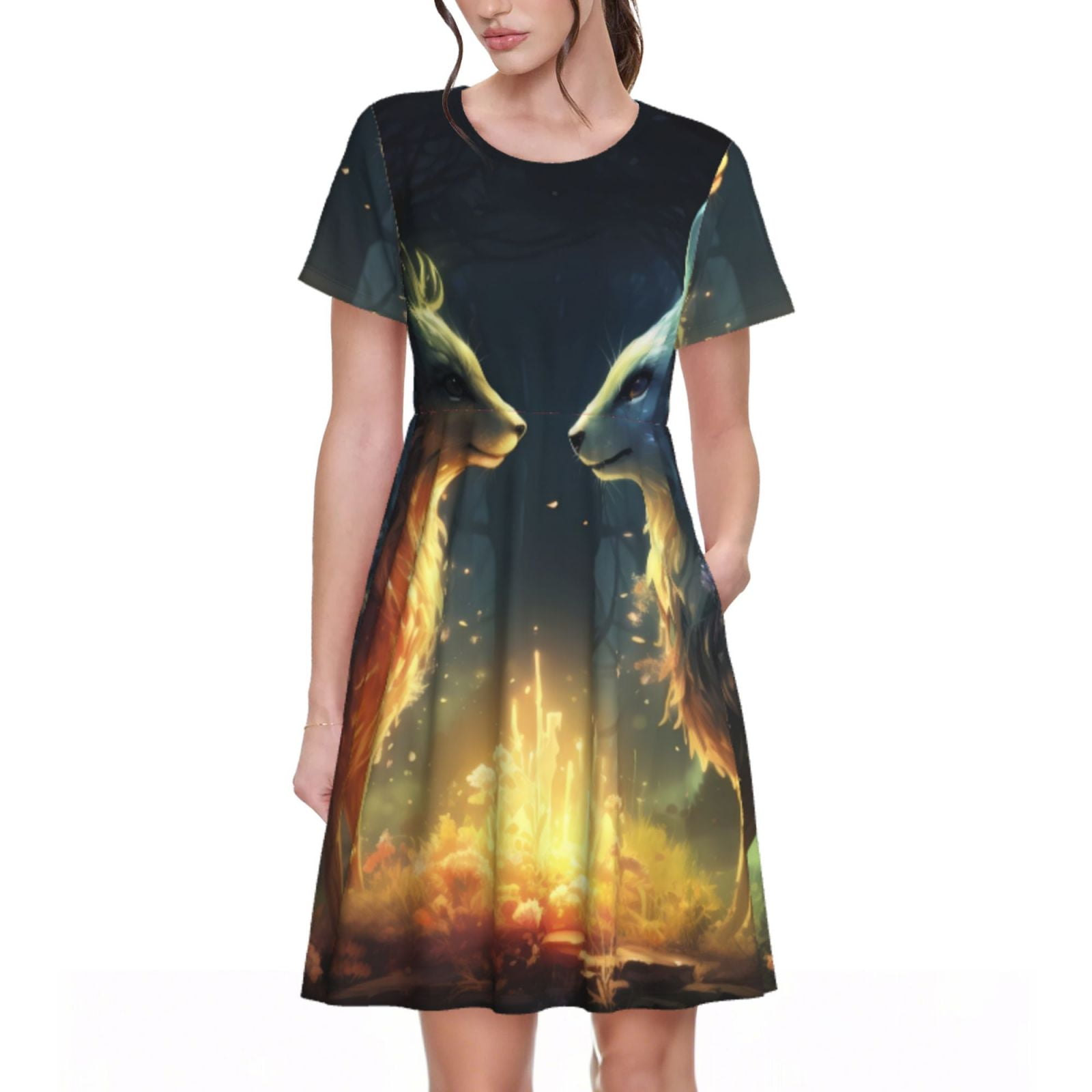 Balery Firefly Forest Fox Pattern Womens Dresses Loose Short sleeve ...