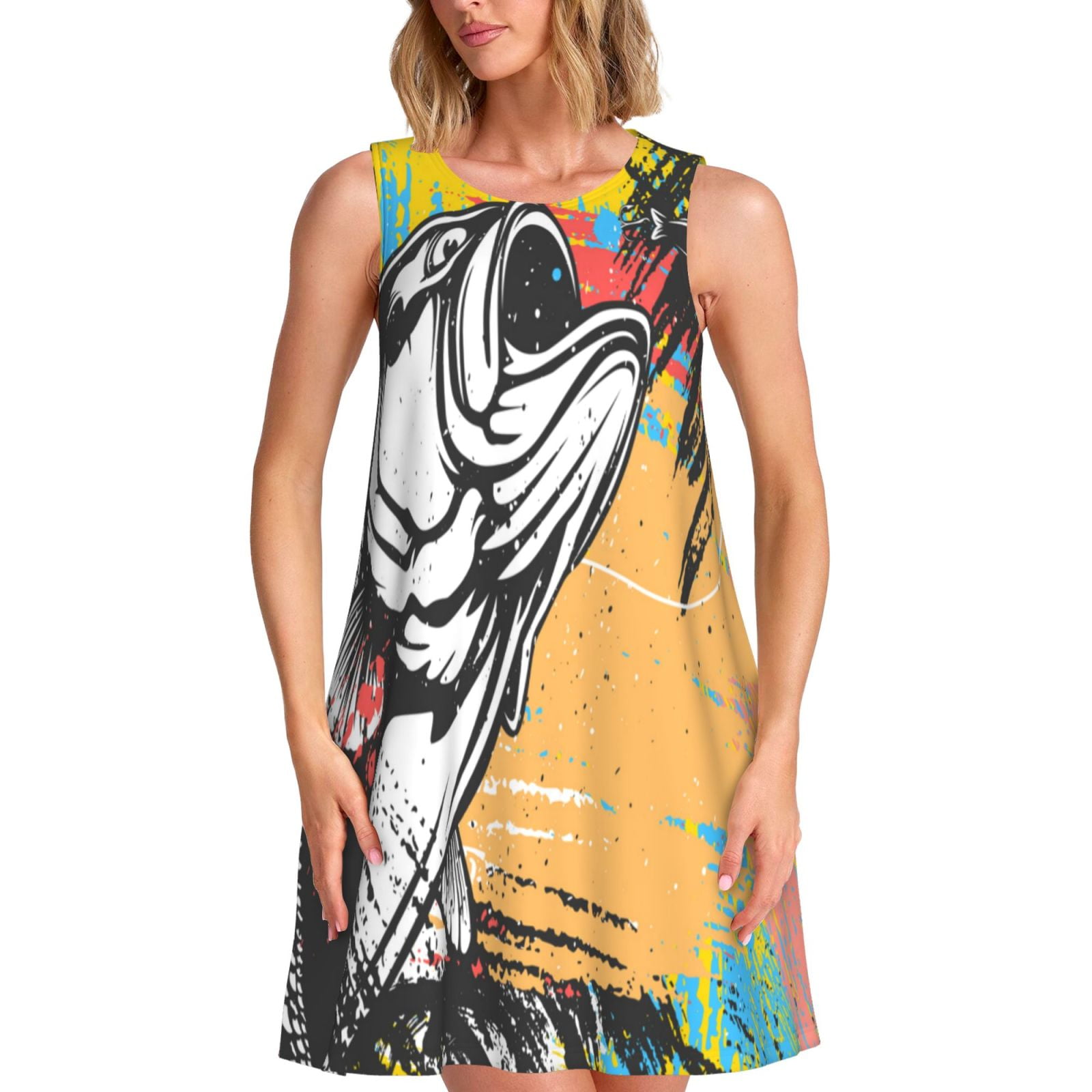 Balery Fishing Bass Pattern Women’s Summer Dresses – Loose Sleeveless ...