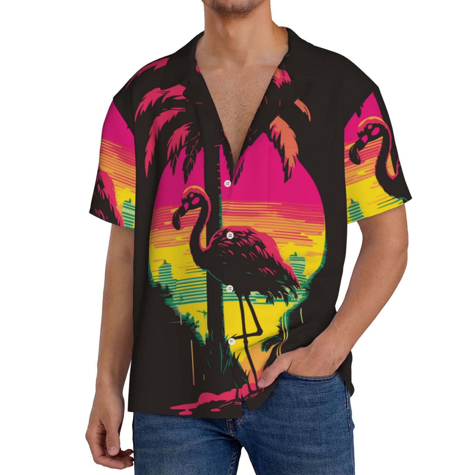 Balery Flamingo And Palm Trees At Sunset Men's Casual Button Down Shirt ...