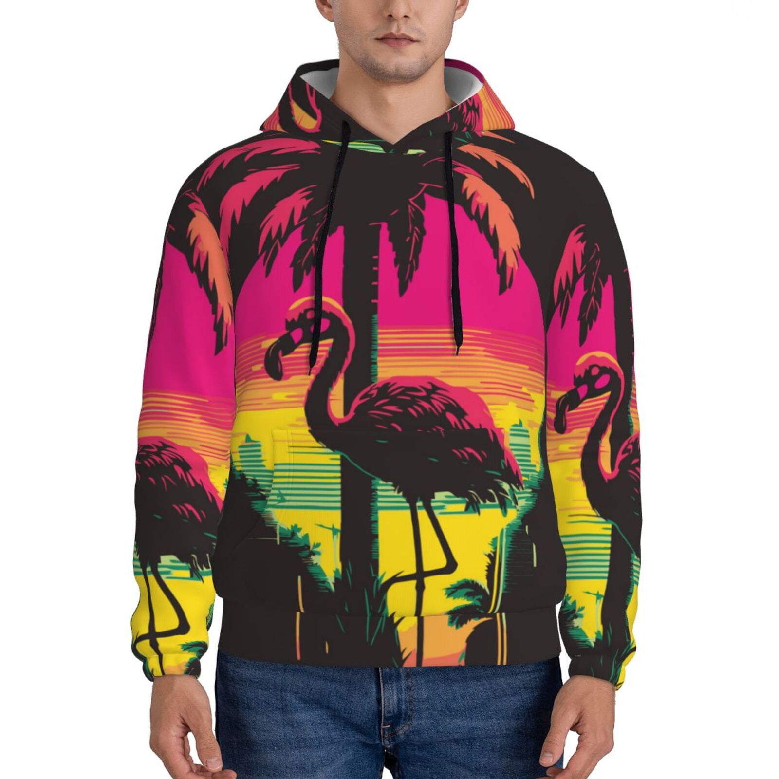Balery Flamingo And Palm Trees At Sunset Pattern Mens Hoodie Kangaroo ...