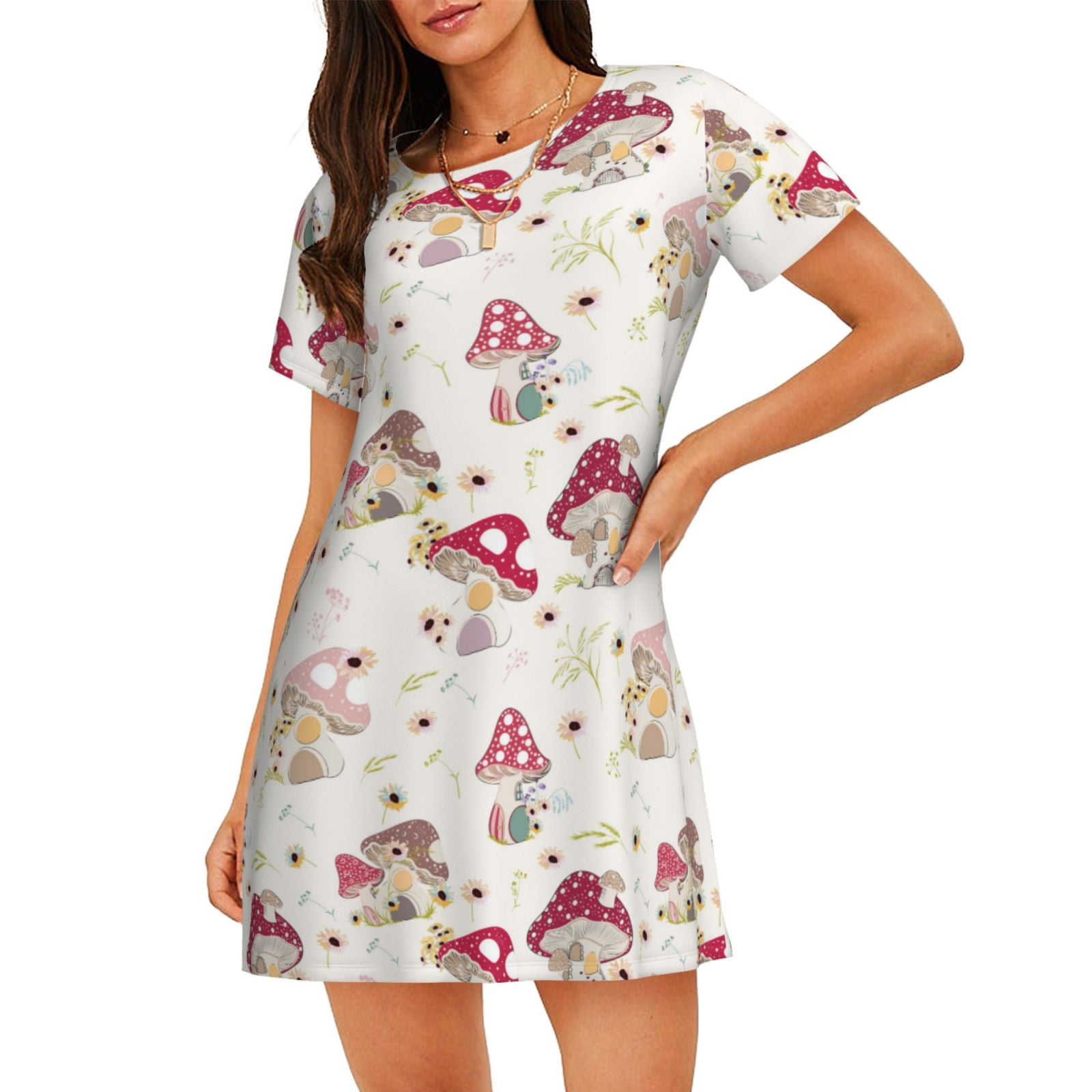 Balery Floral Mushroom Pattern Womens Short Sleeve Sleepshirt Scoopneck ...