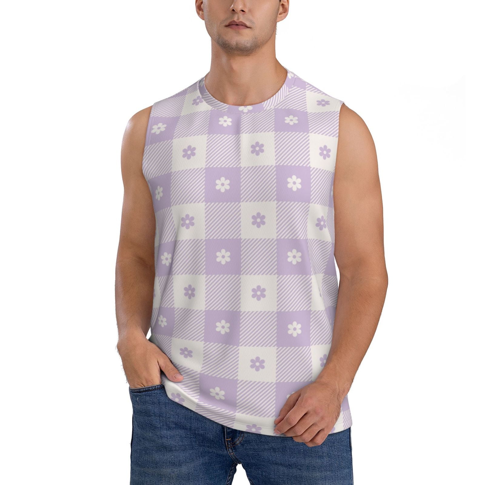 Balery Floral Purple Buffalo Plaid Men's Sleeveless Muscle Shirts ...