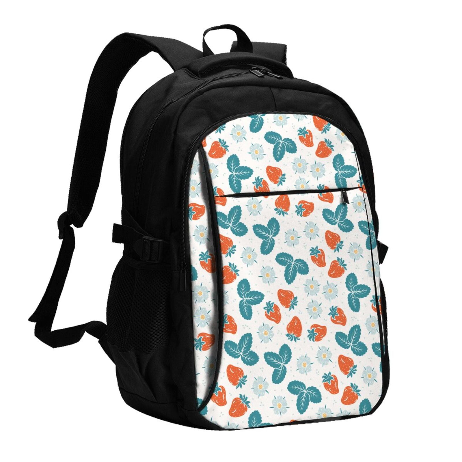 Balery Floral Strawberr Print USB Charging Backpack for Men and Women ...
